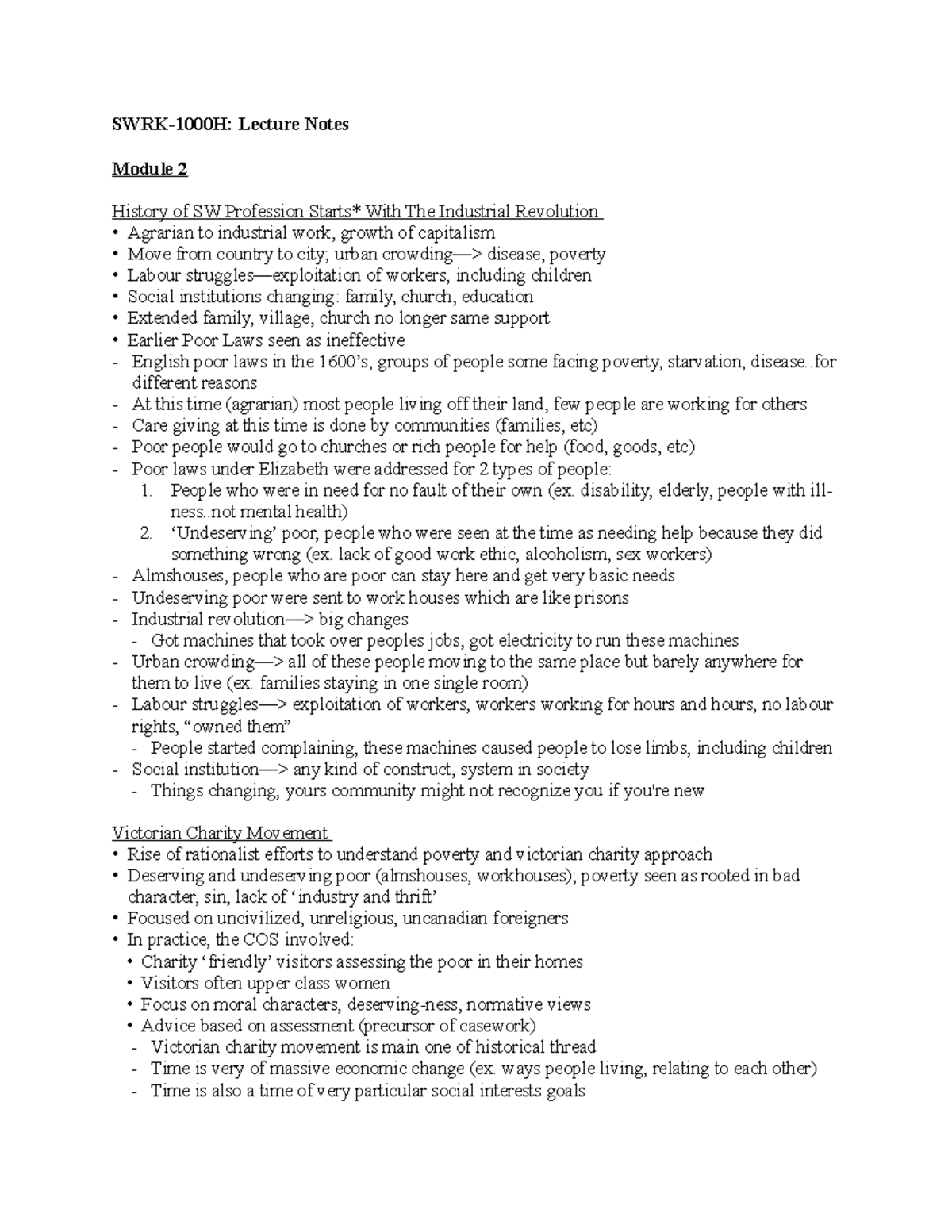 SWRK 1000 lecture notes - SWRK-1000H: Lecture Notes Module 2 History of ...