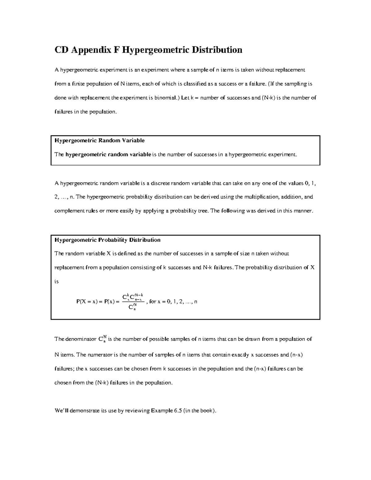 Appendix Hypergeometric Distribution - uge 38 - CD Appendix F Hypergeometric Distribution A ...
