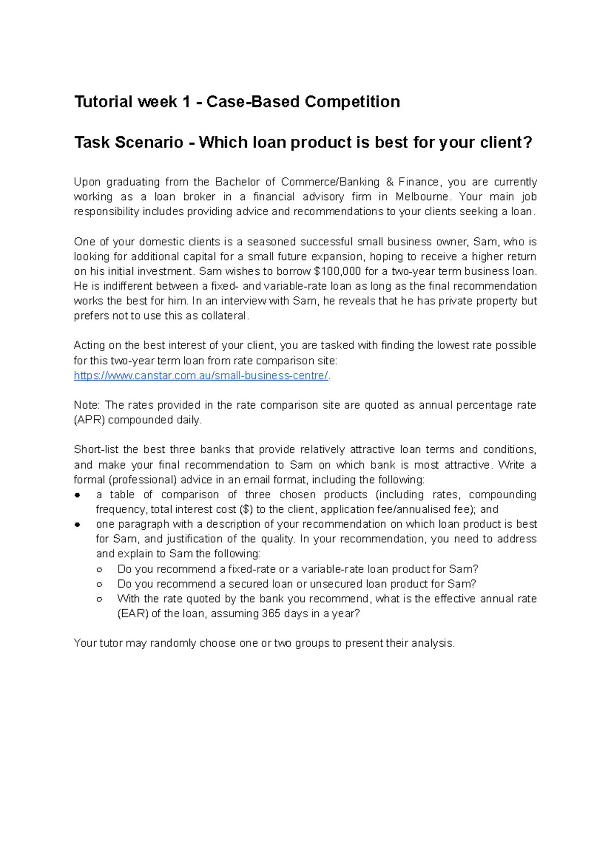 Week 1 Task Sheet - 、、、、、、、、 - Tutorial week 1 - Case-Based Competition ...