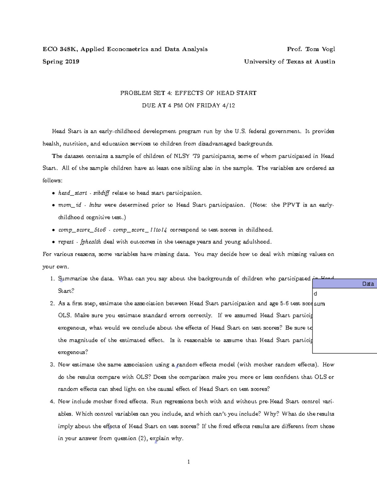 Eco 348k ps4.pdf - its a pset - ECO 348K, Applied Econometrics and Data ...