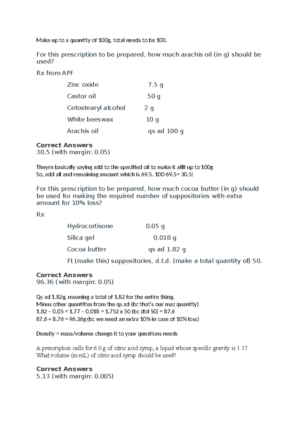 Calcs - Make up to a quantity of 100g, total needs to be 100. For this ...