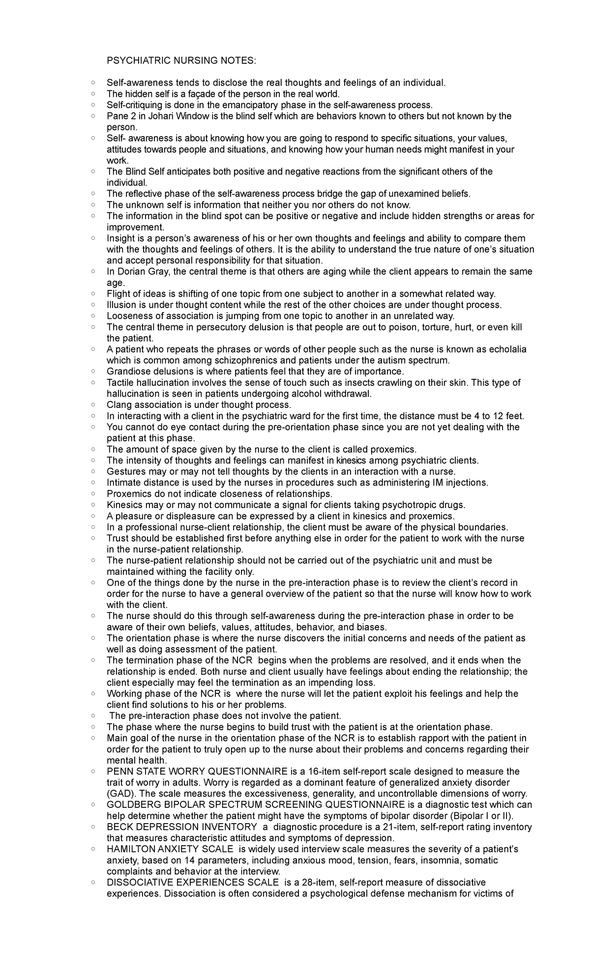 Psych.NSG. Notes - PSYCHIATRIC NURSING NOTES: Self-awareness tends to ...