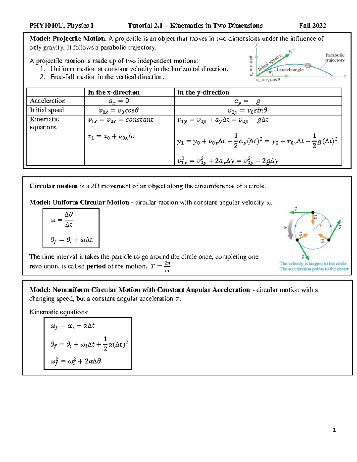 T2 - lecture - PHY1010U, Physics I Tutorial 2 – Kinematics in Two Dimensions Fall 2022 Model ...