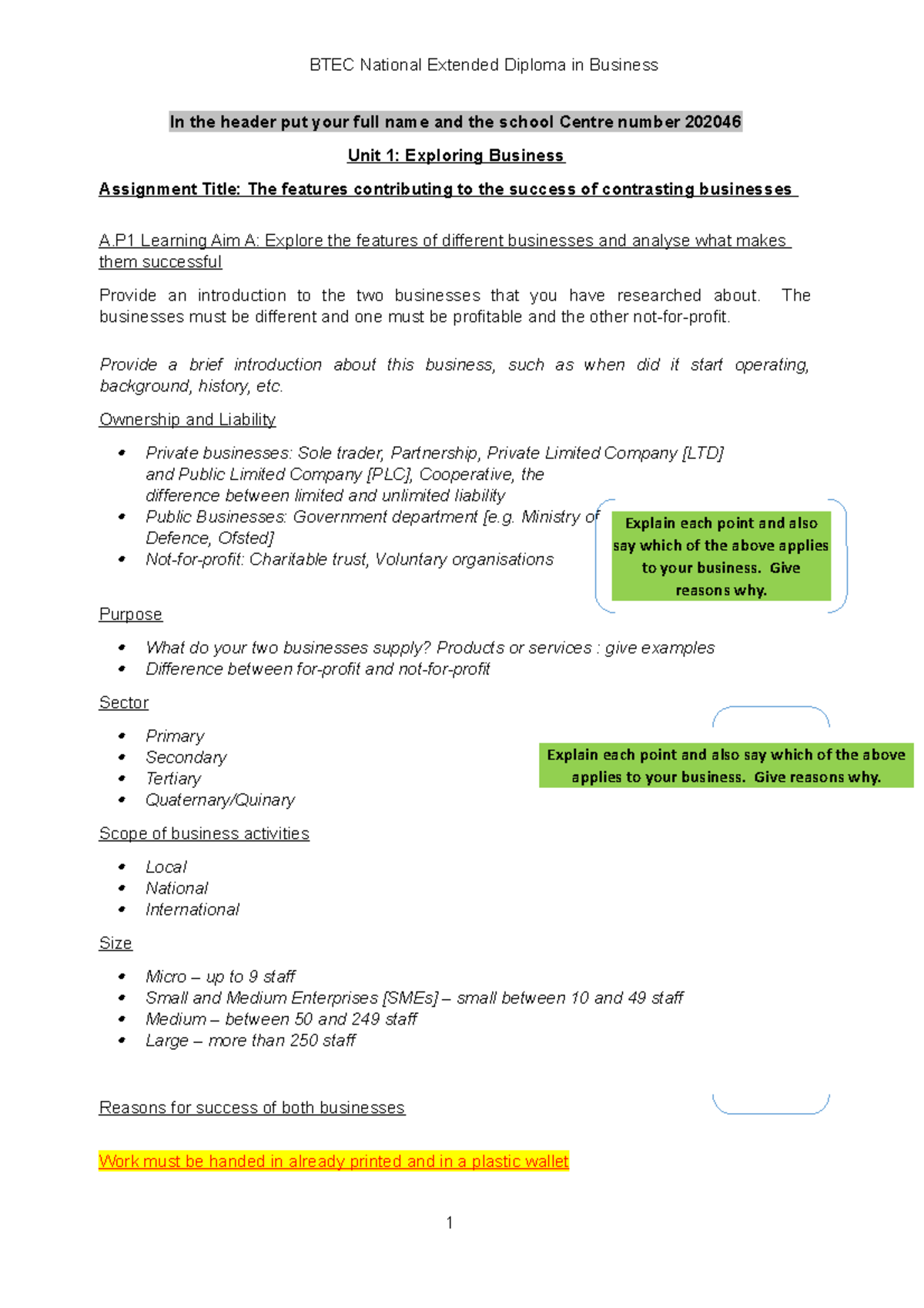 unit 1 business P1 Crip sheet two contrasting businesses - AD0-E202 ...
