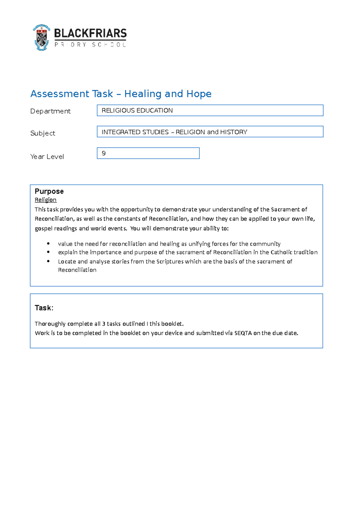 Healing and Hope Task Sheet 2022 - Assessment Task – Healing and Hope ...