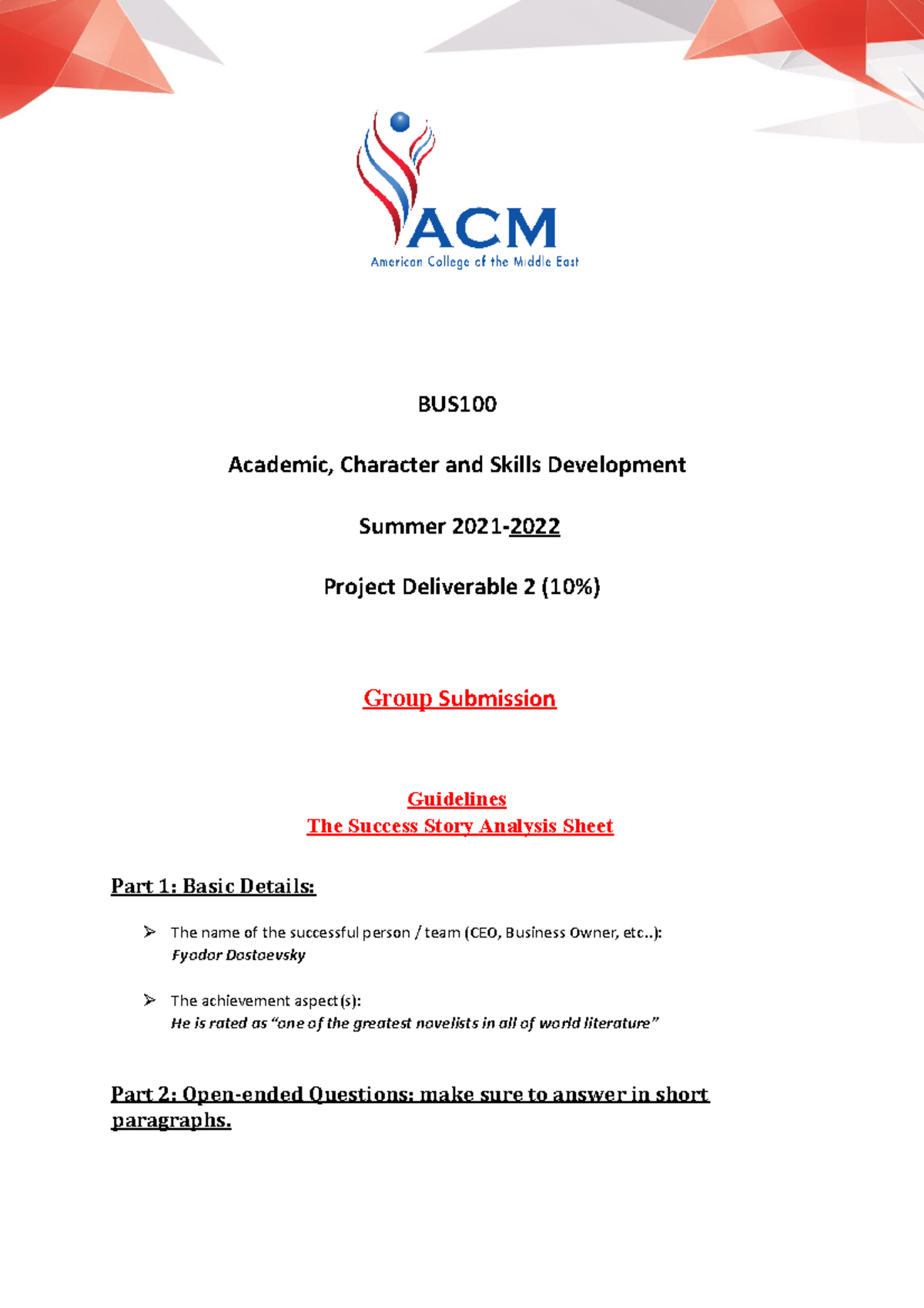 BUS100 Sum22 Project Deliverable 2 - BUS Academic, Character and Skills ...