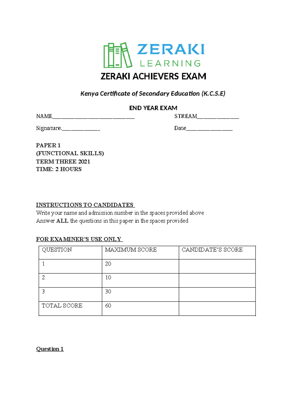 101 FORM 3 PP1 Question Paper - ZERAKI ACHIEVERS EXAM Kenya Certificate ...