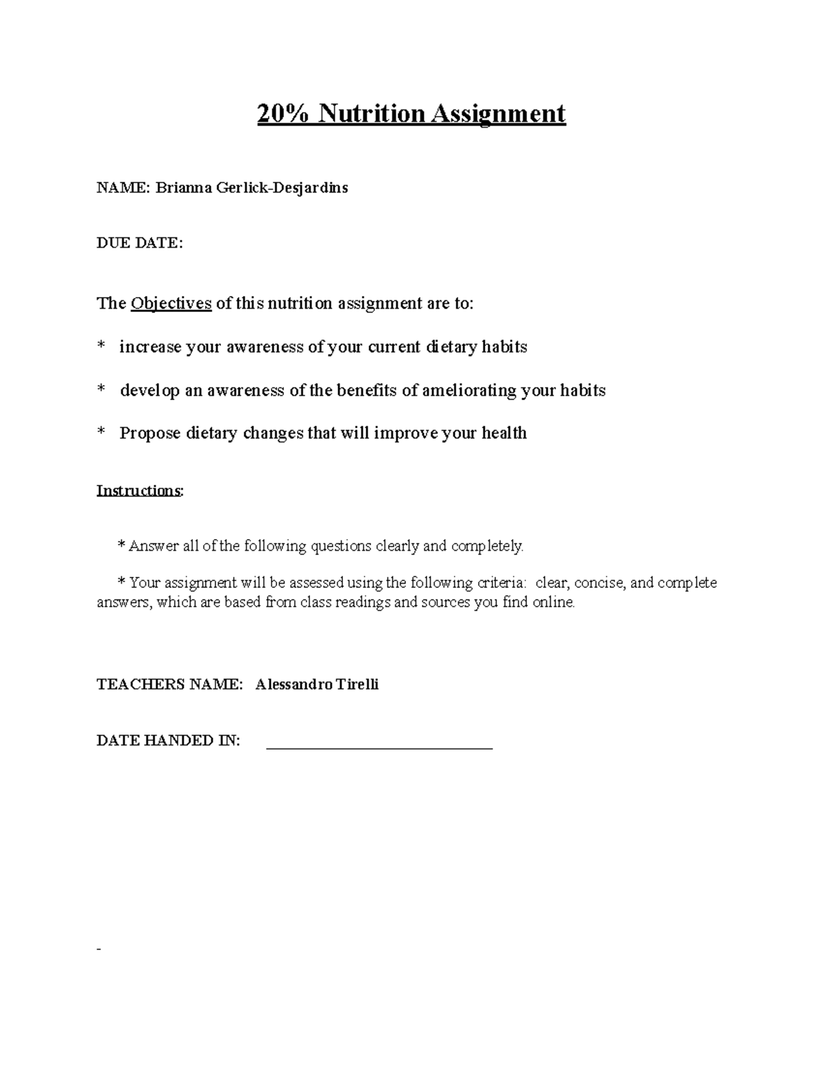 Nutrition assignment - Your assignment will be assessed using the ...