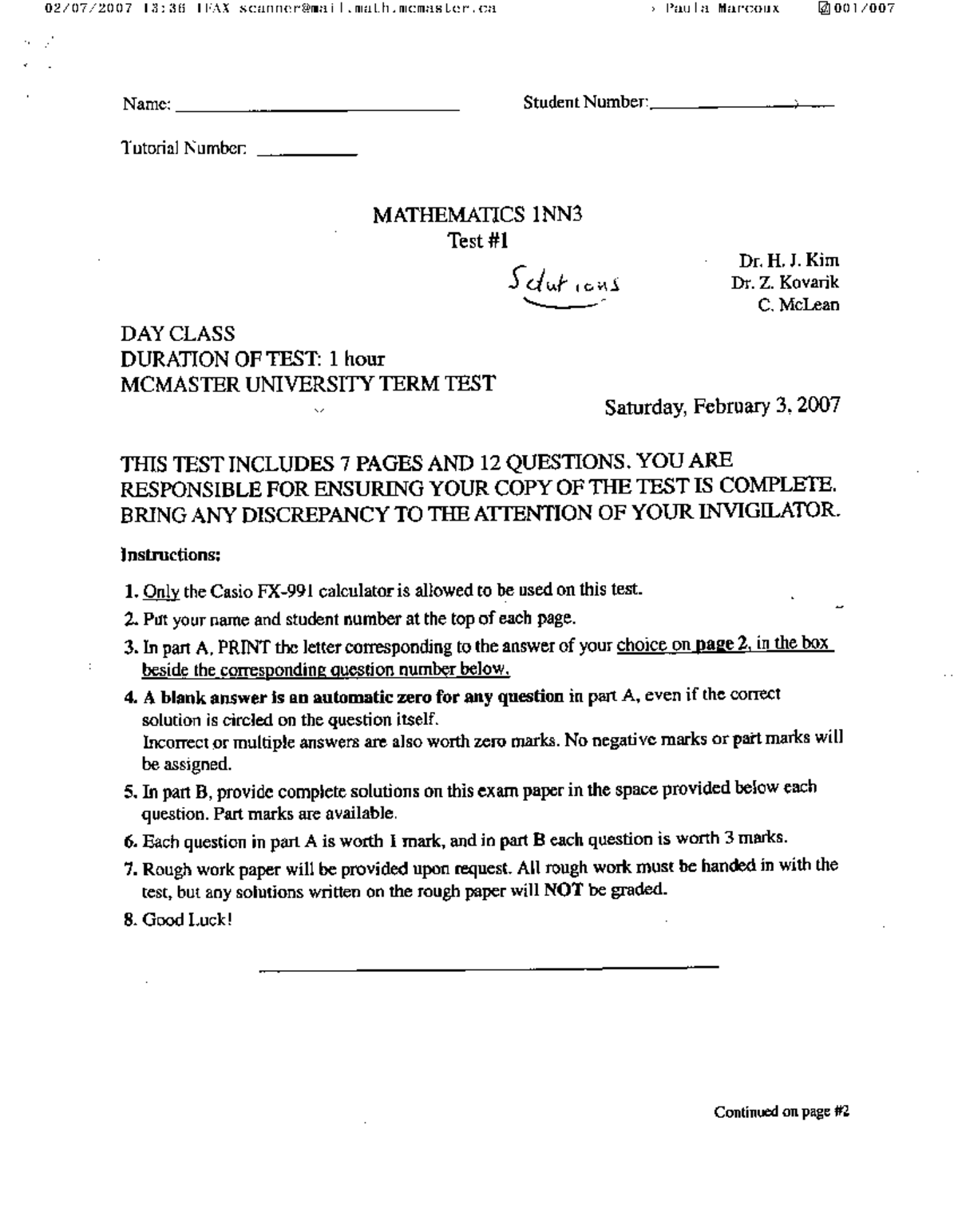 Test 1 2007 Winter Solutions - Math 1Zb3 - Studocu