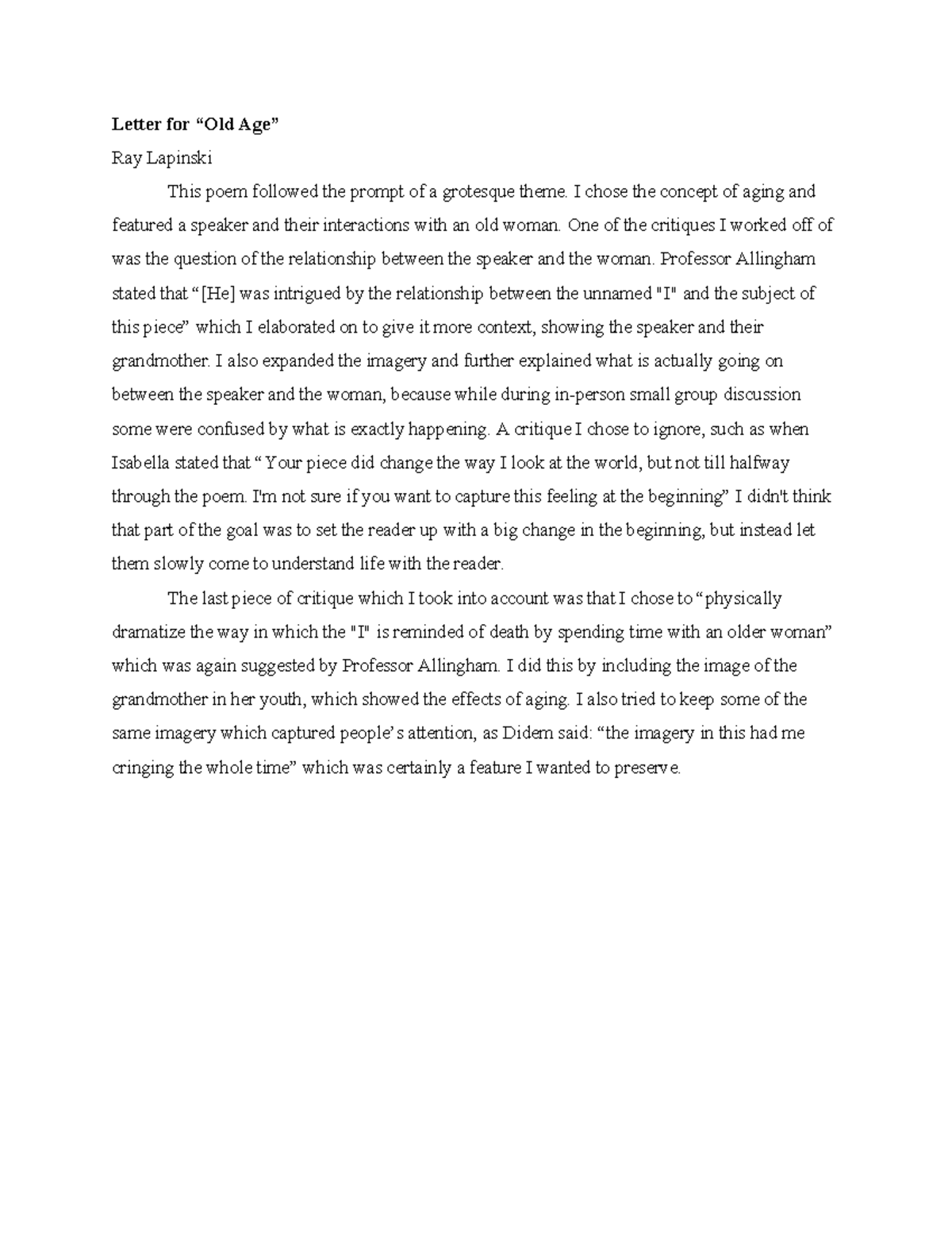 CA Letters - With Professor Allingham (component of final project ...