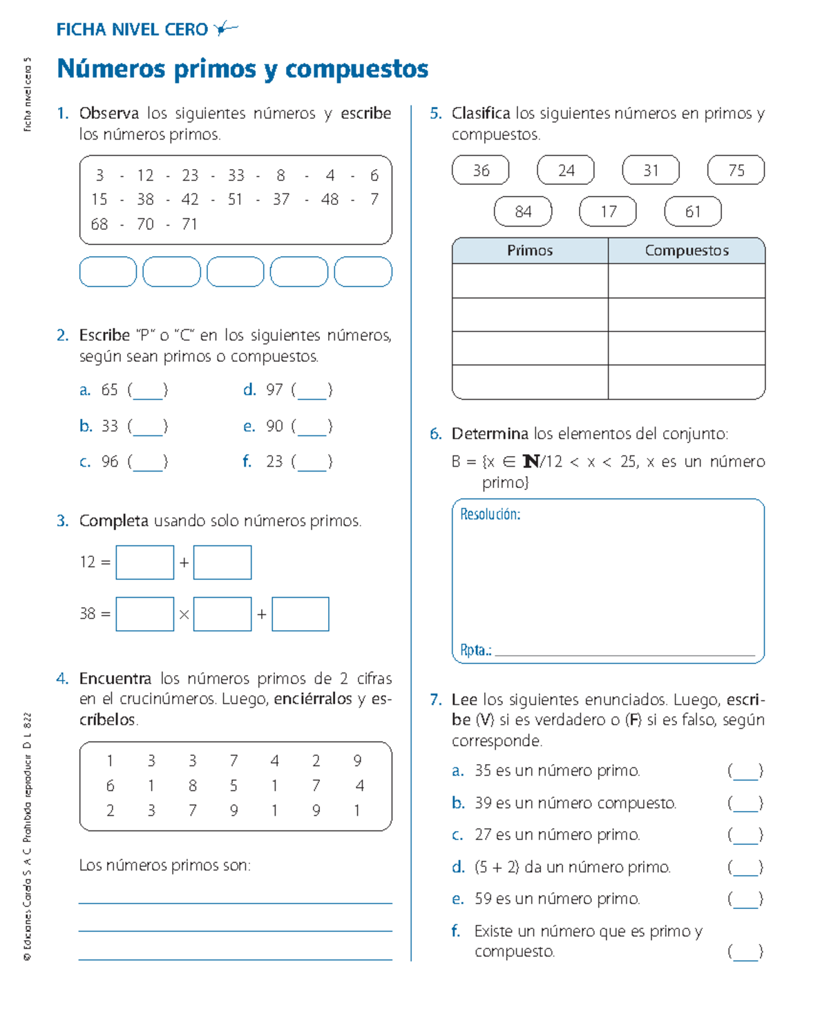 F0 Números primos y compuestos - Ficha nivel cero 5 © Ediciones Corefo S. A. C. Prohibido - Studocu