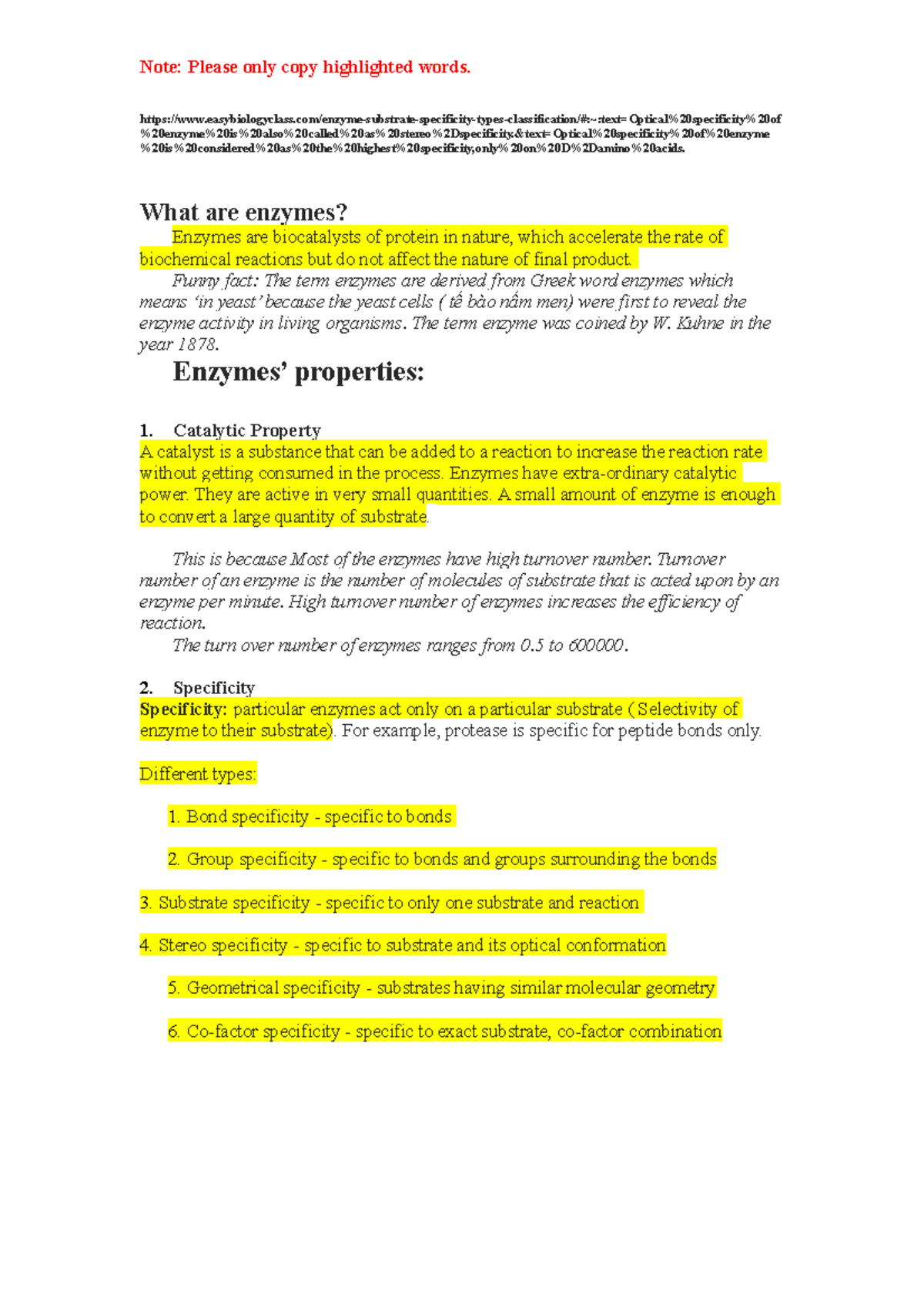 Enzyme relab 4 - biology lab - Note: Please only copy highlighted words ...