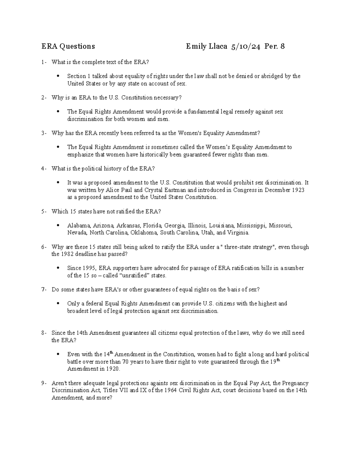 ERA Questions - 8 1- What is the complete text of the ERA? Section 1 ...