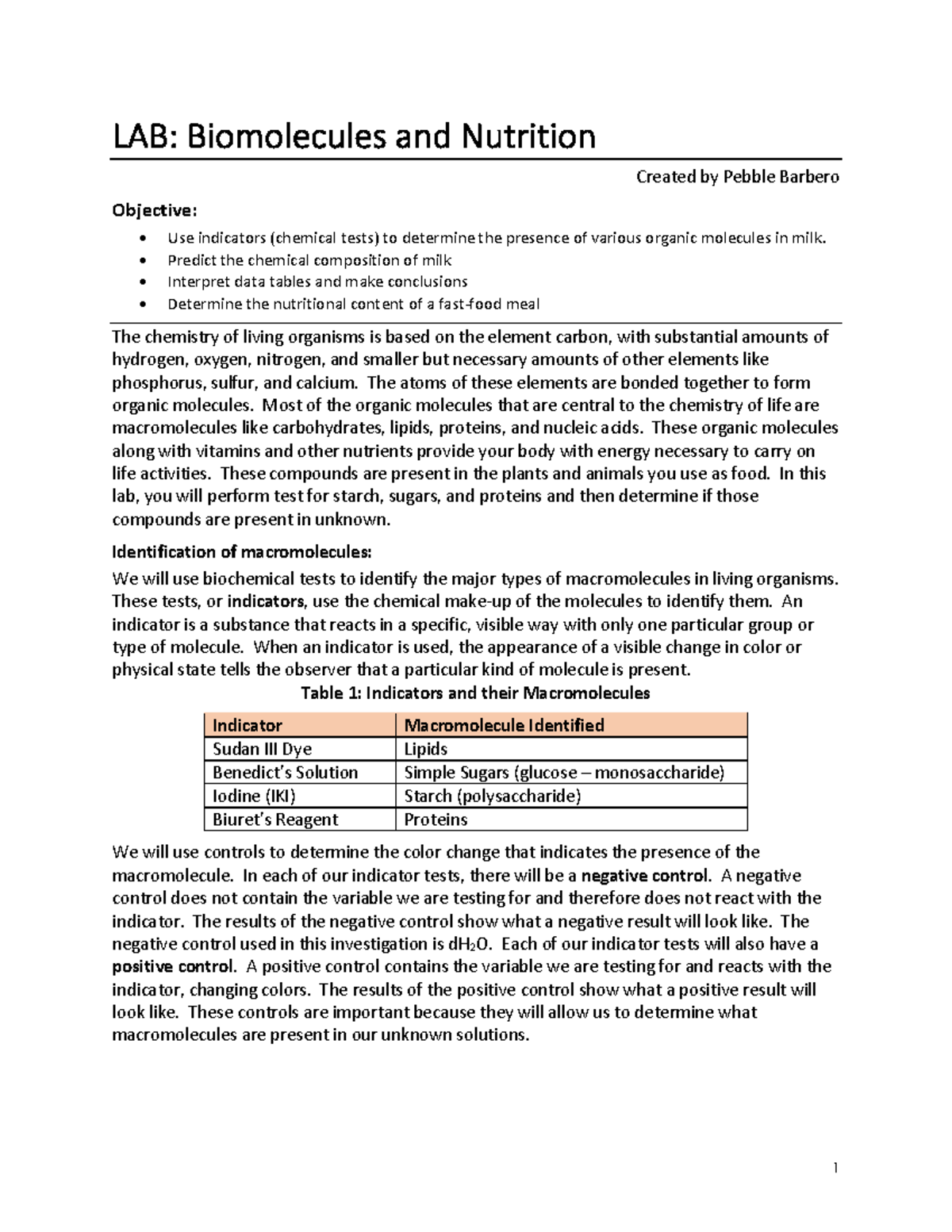 BIOL 1406, Lab #3 - Biomolecules and Nutrition - LAB: Biomolecules and ...