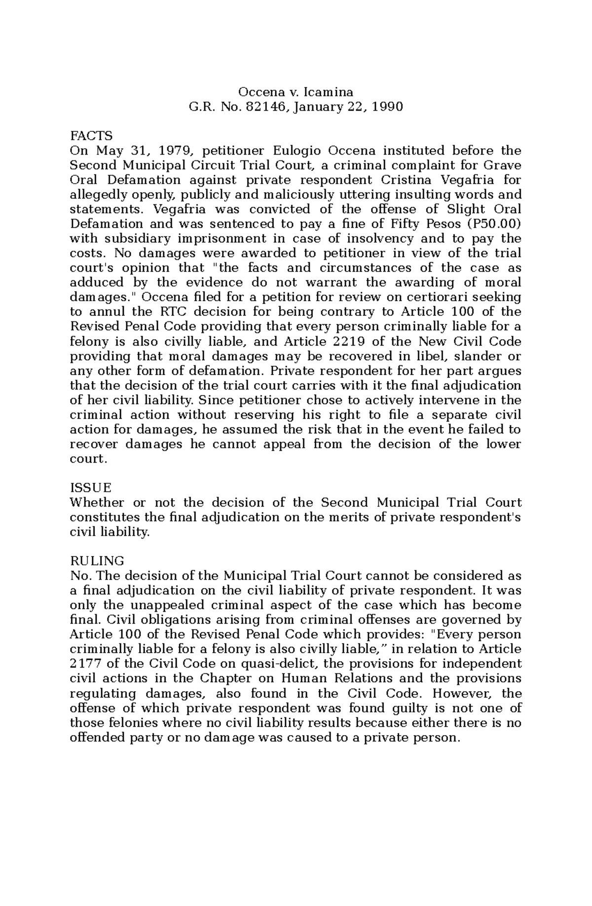 Occena v. Icamina (G.R. No. 82146) - Occena v. Icamina G. No. 82146 ...