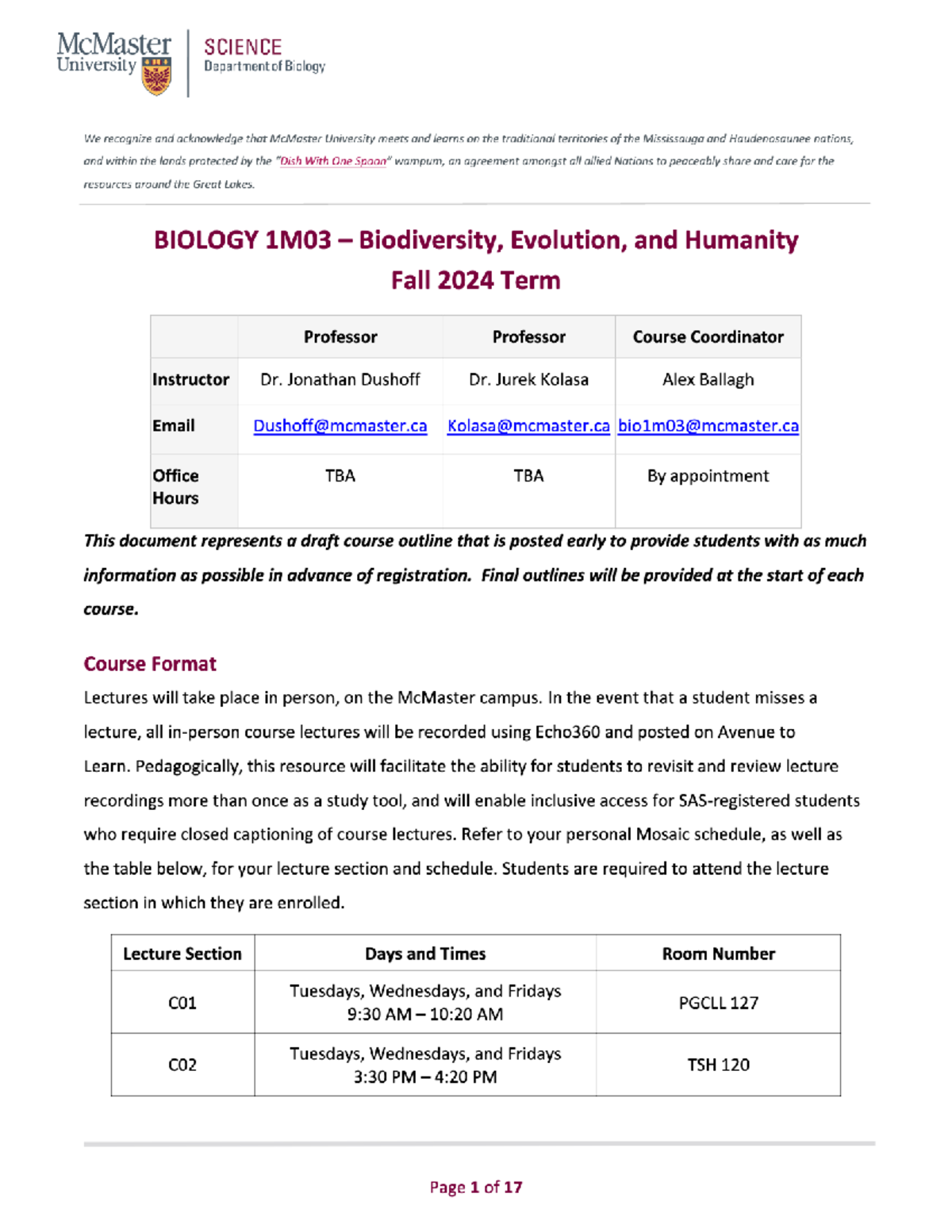 Bio 1M03 Course Outline - F24 - Biology 1M03 Biodiversity, Evolution ...