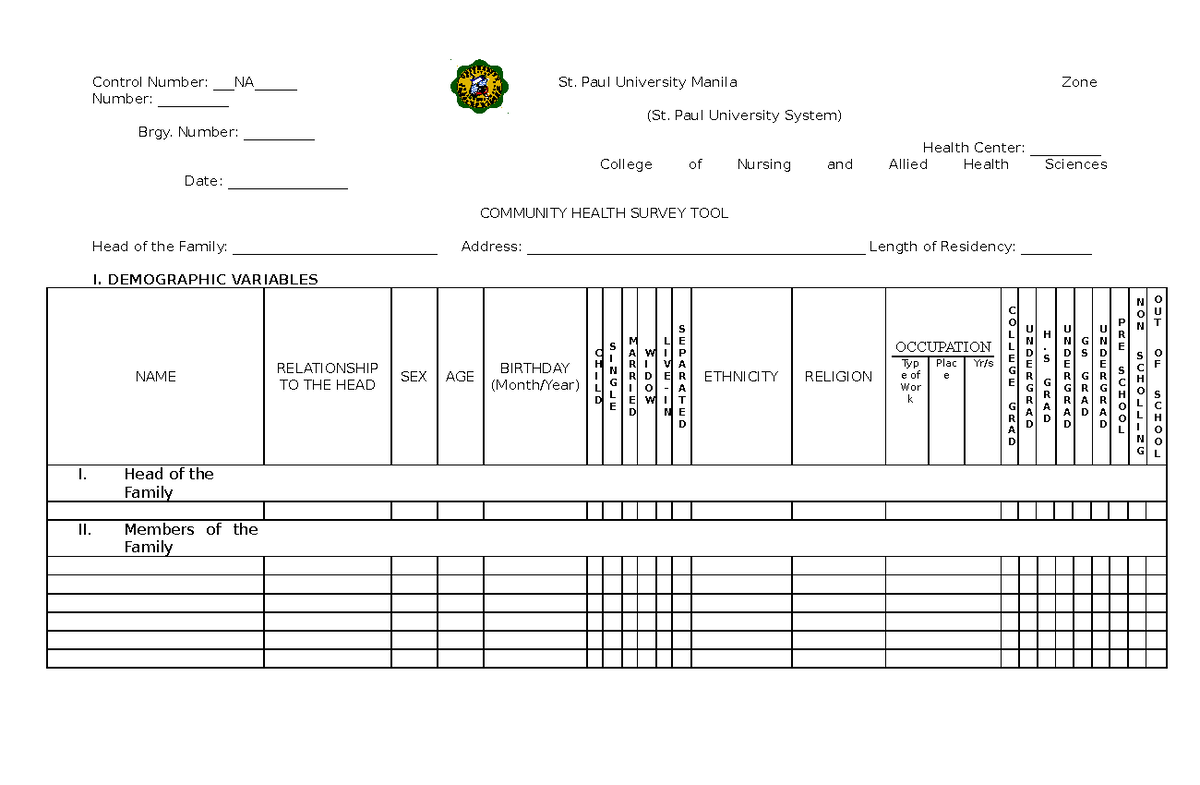 CHN- Survey - none - Control Number: NA___ St. Paul University Manila ...