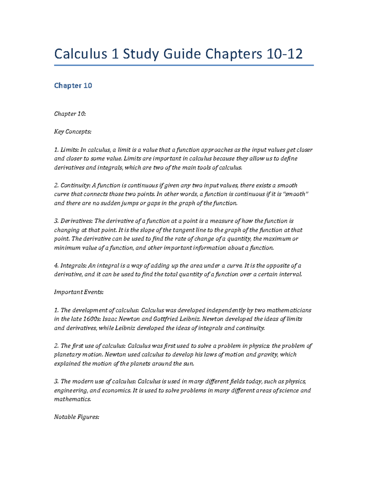 Calculus 1 Study Guide Chapters 10-12 - Limits are important in ...