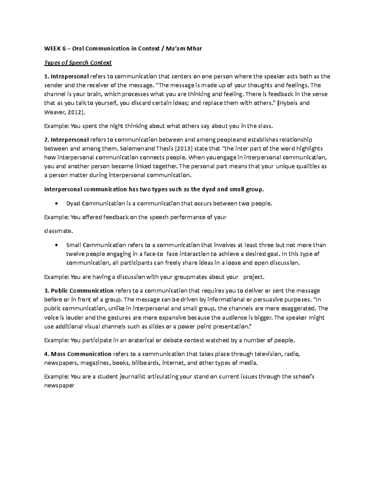 Handout-Speech Context - WEEK 6 – Oral Communication in Context / Ma’am ...
