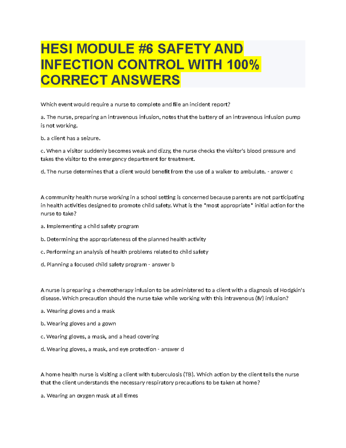 HESI Module #6 Safety AND Infection Control WITH 100% Correct Answers ...