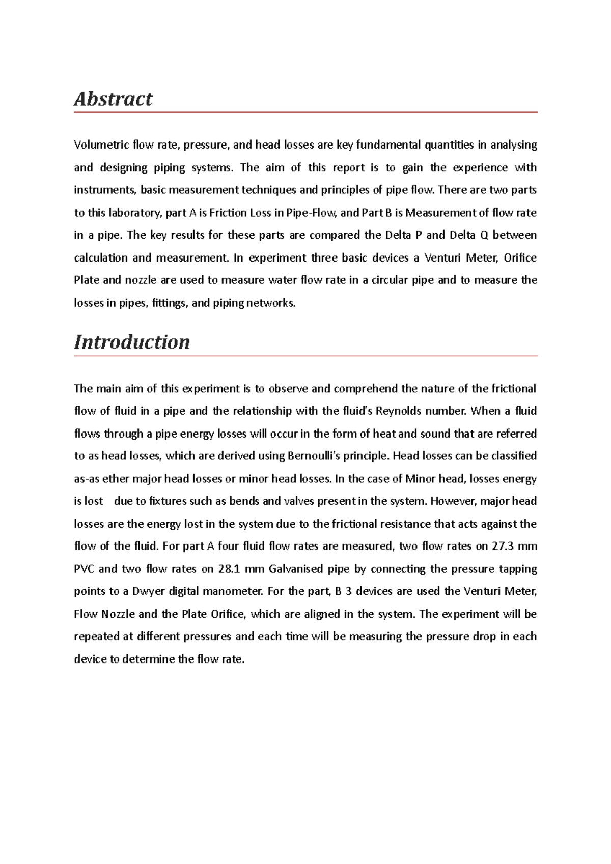Lab Report 2 - Abstract Volumetric flow rate, pressure, and head losses ...