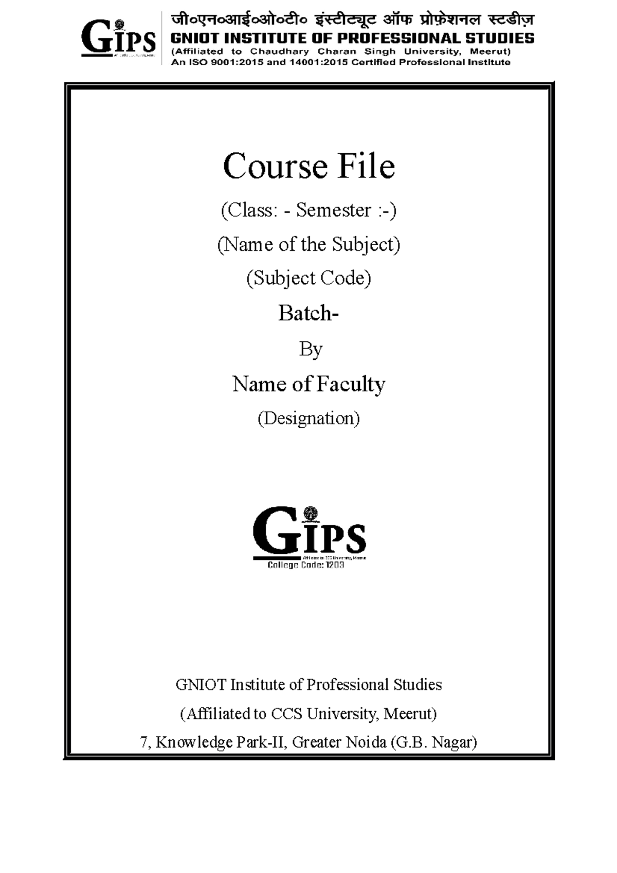 Course File Format - Course File (Class: - Semester :-) (Name of the ...
