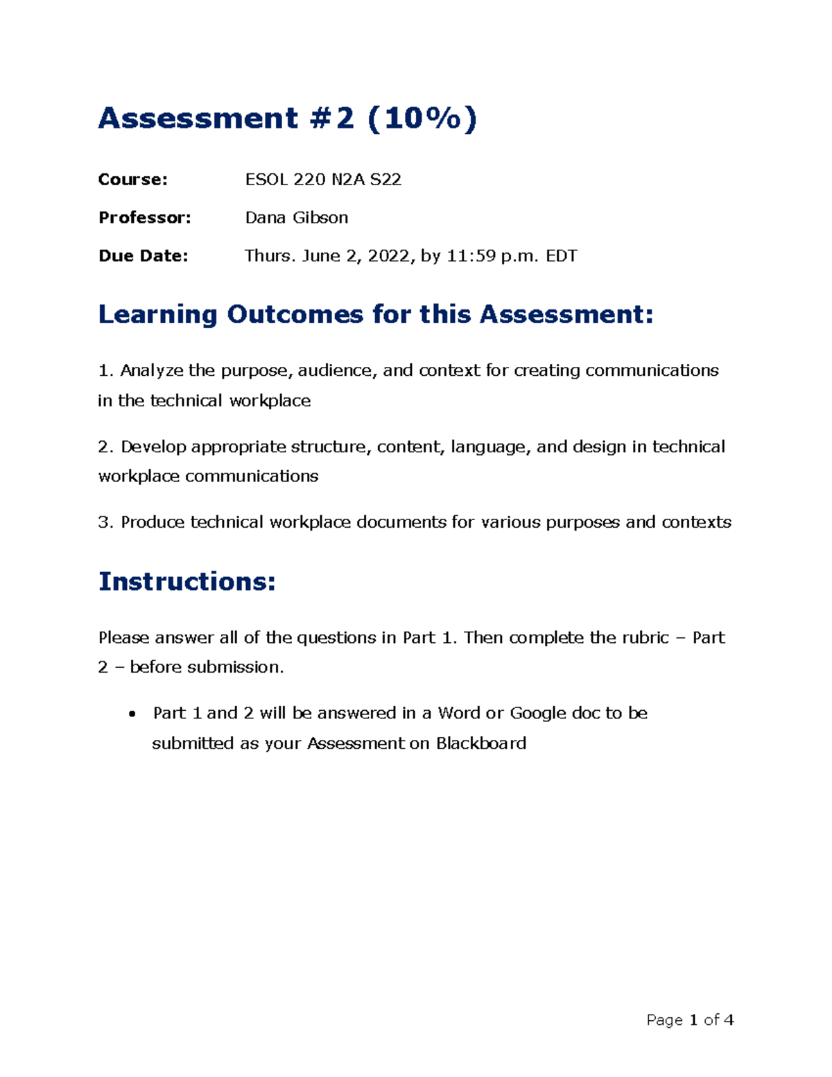 ESOL 220 N2A Assessment #2 - Assessment #2 (10%) Course: ESOL 220 N2A S ...