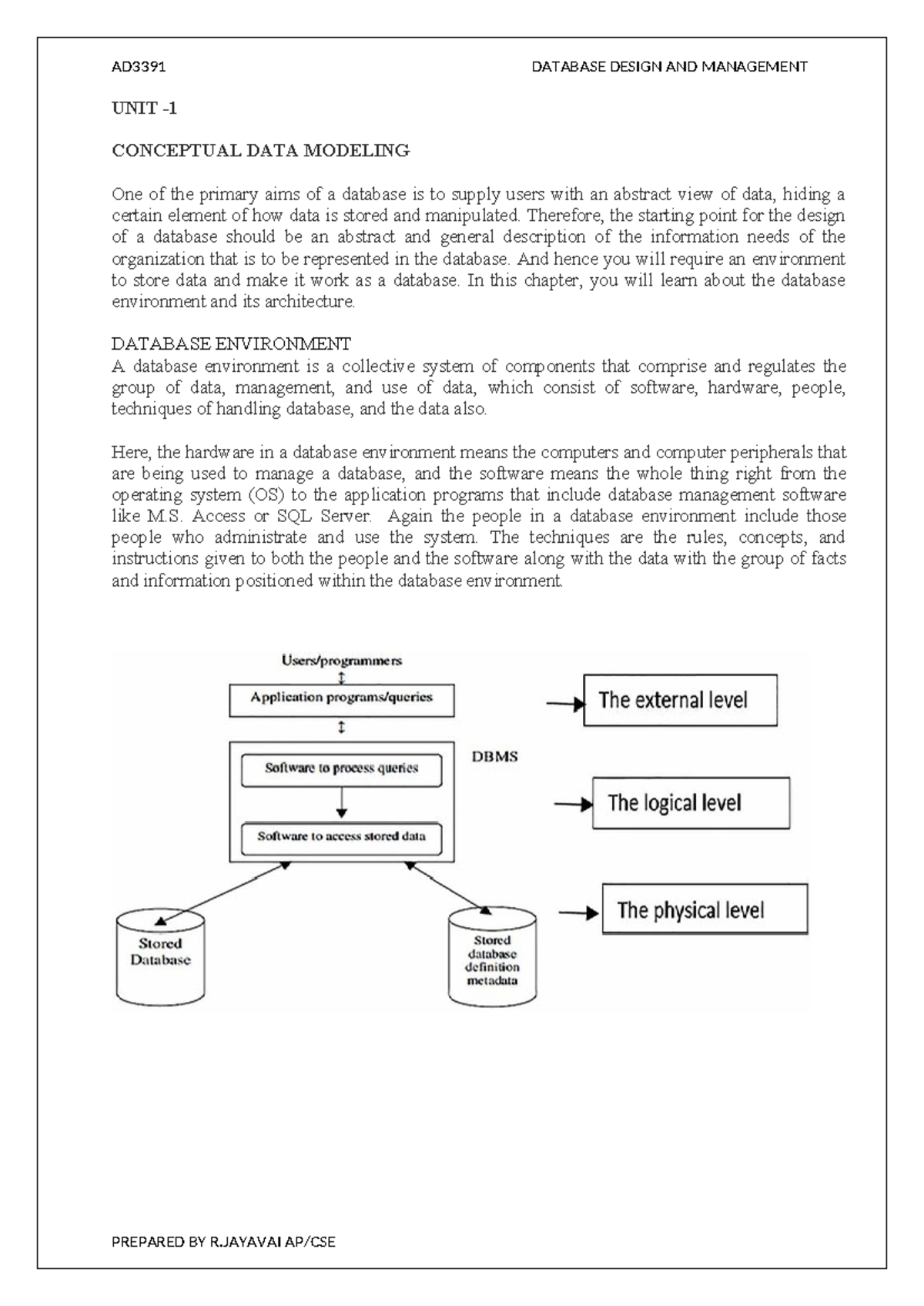 DDM course file - DDM - UNIT - CONCEPTUAL DATA MODELING One of the primary aims of a database is ...