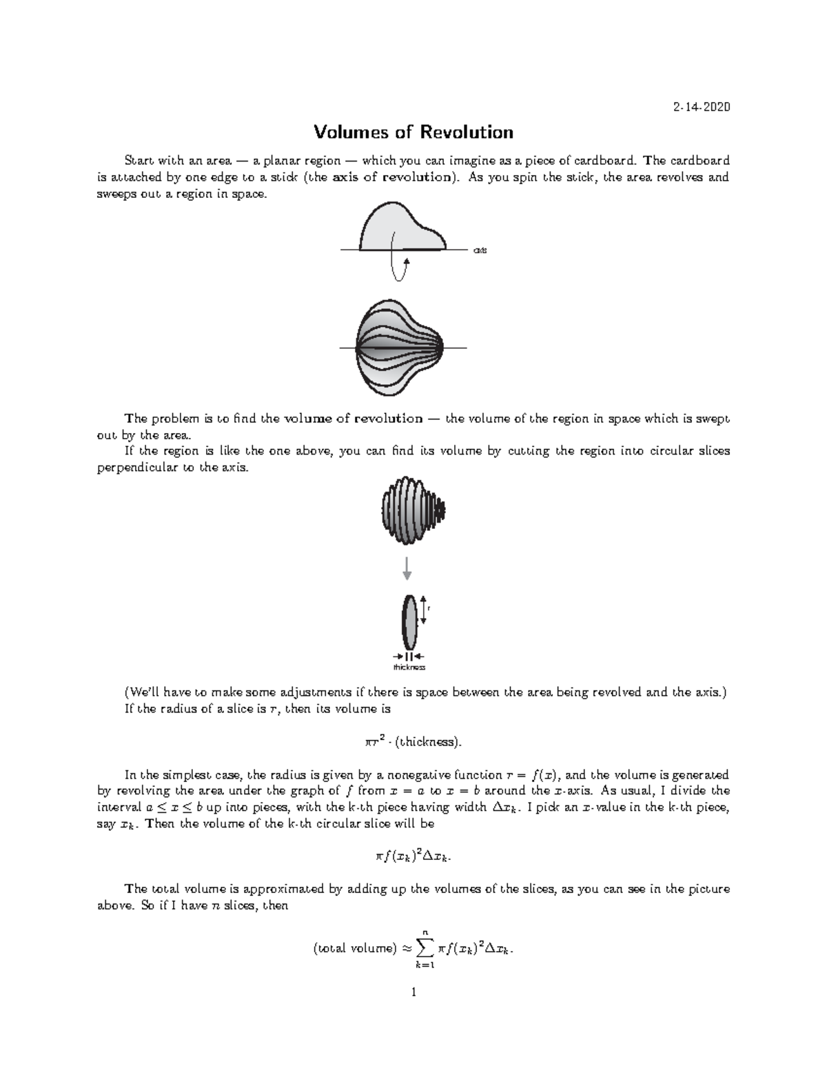 Volumes by circular slices - 2-14- Volumes of Revolution Start with an ...
