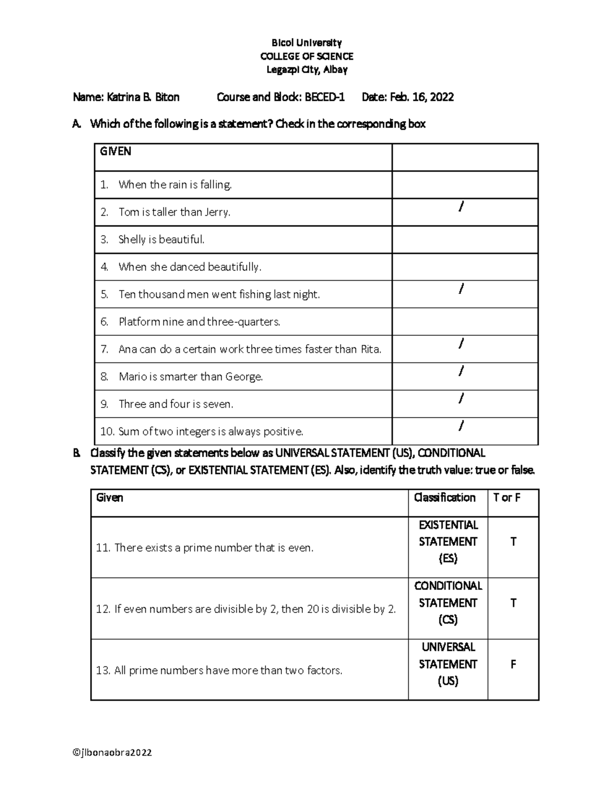 Mathematics in the Modern World—Worksheet 1. Kinds of Math Statement ...