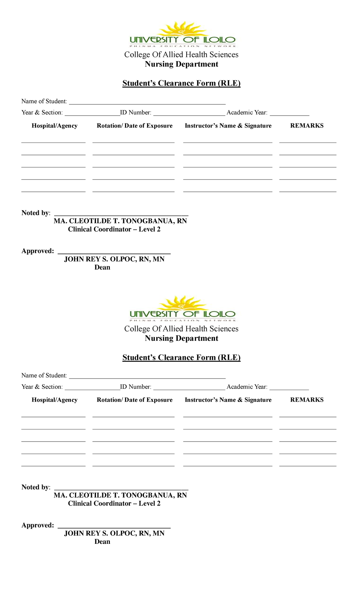 Level 2 RLE Clearance Revised - College Of Allied Health Sciences ...