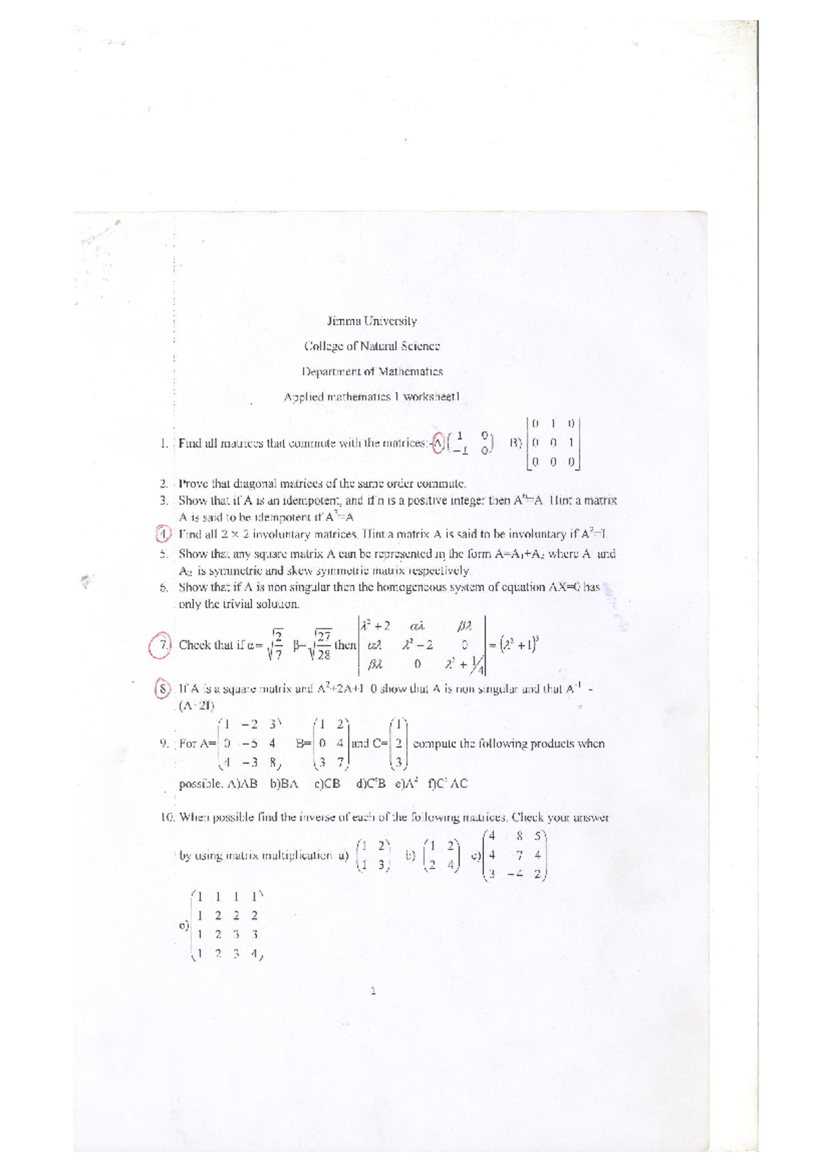 Applied Worksheet Jimma - Applied mathematics I - Studocu