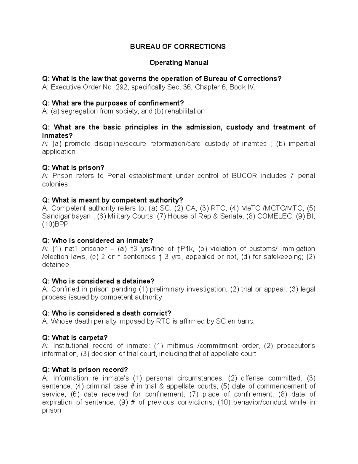 Bureau Of Corrections Operating Manual Bureau Of Corrections Operating Manual Q What Is The