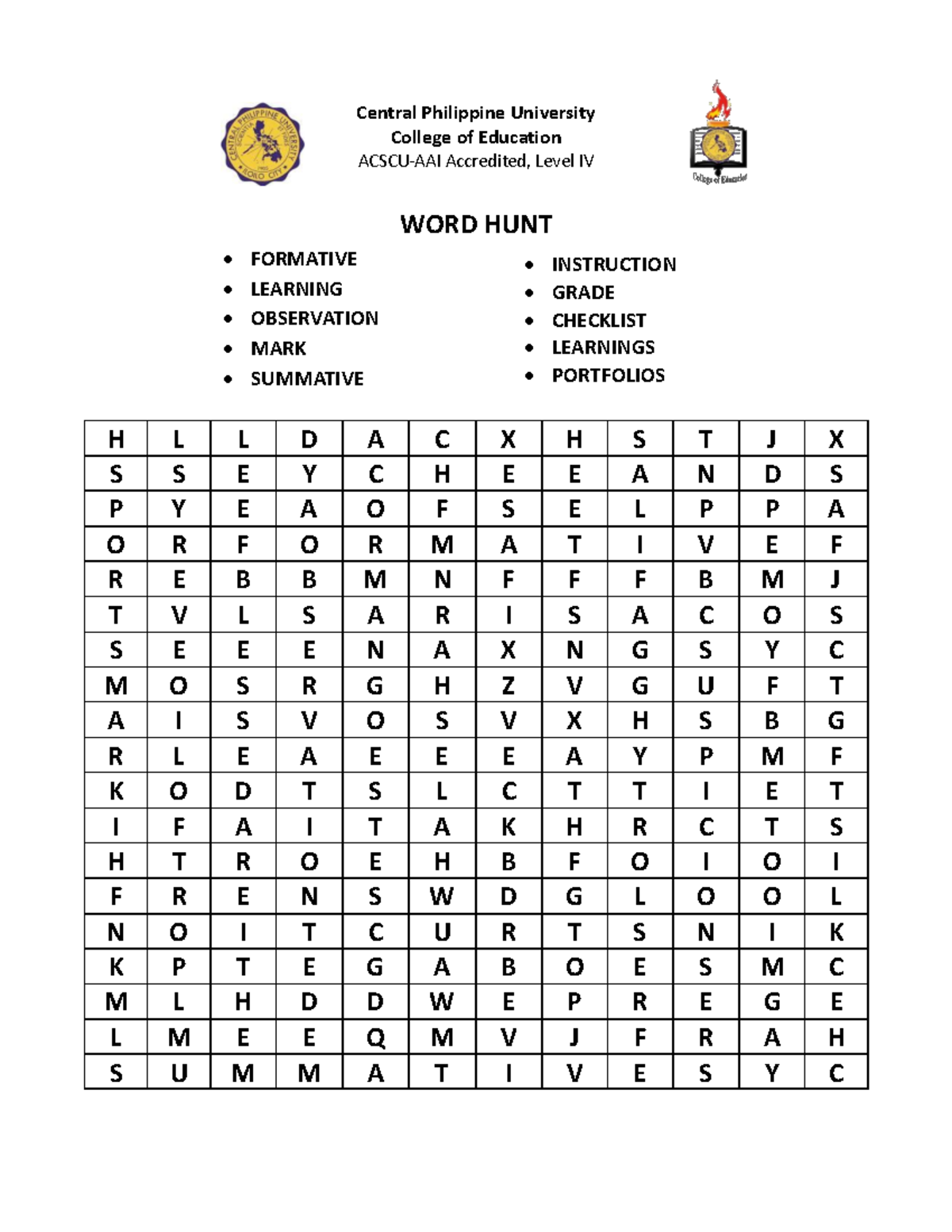 WORD HUNT - Central Philippine University College of Education ACSCU ...