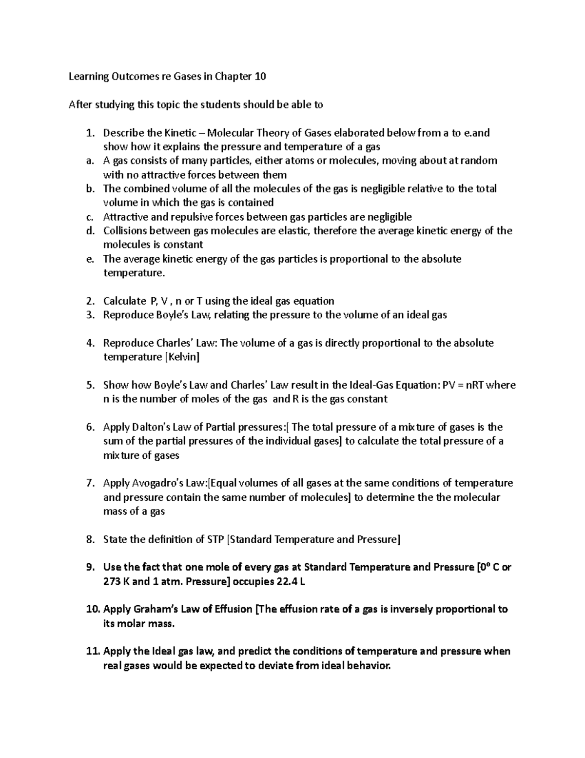 Learning Objectives re Gases Chapter 10 - Learning Outcomes re Gases in Chapter 10 After ...