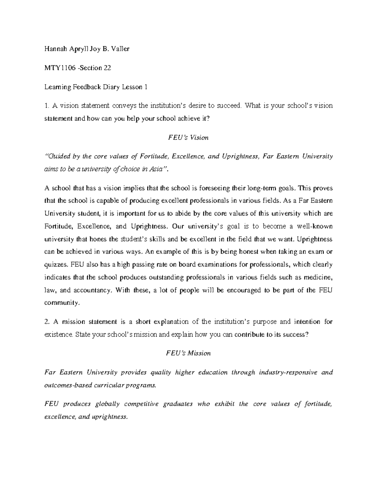 Valler FEU Vision, Mission, Objectives - Hannah Apryll Joy B. Valler ...