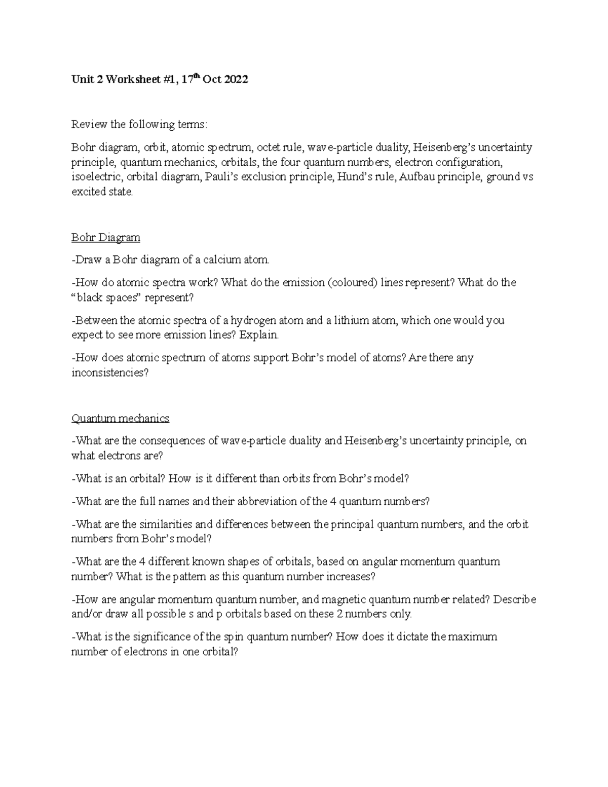 Worksheet 1 - ssa - Unit 2 Worksheet #1, 17th Oct 2022 Review the ...