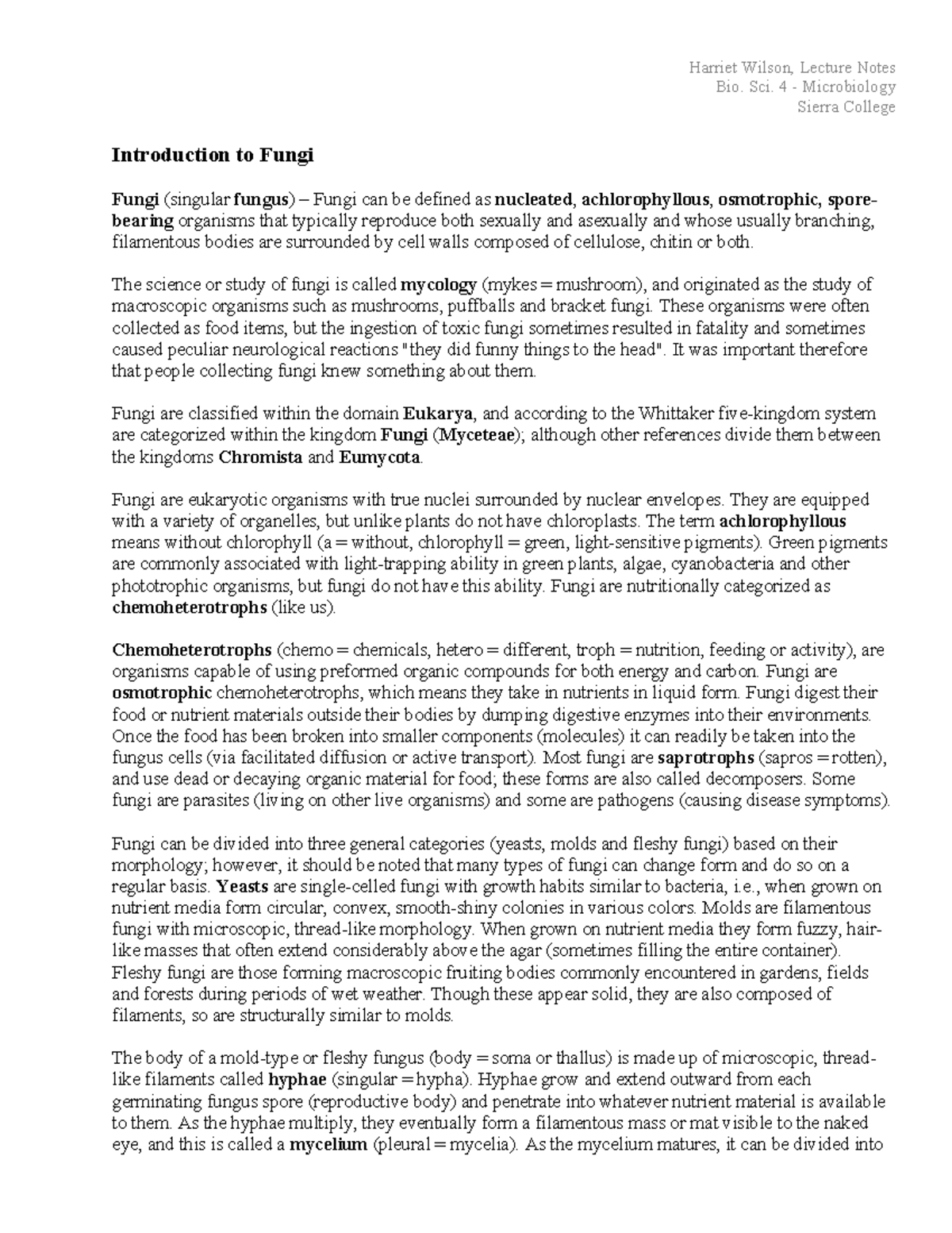 Introduction to Fungi - Harriet Wilson, Lecture Notes Bio. Sci. 4 ...