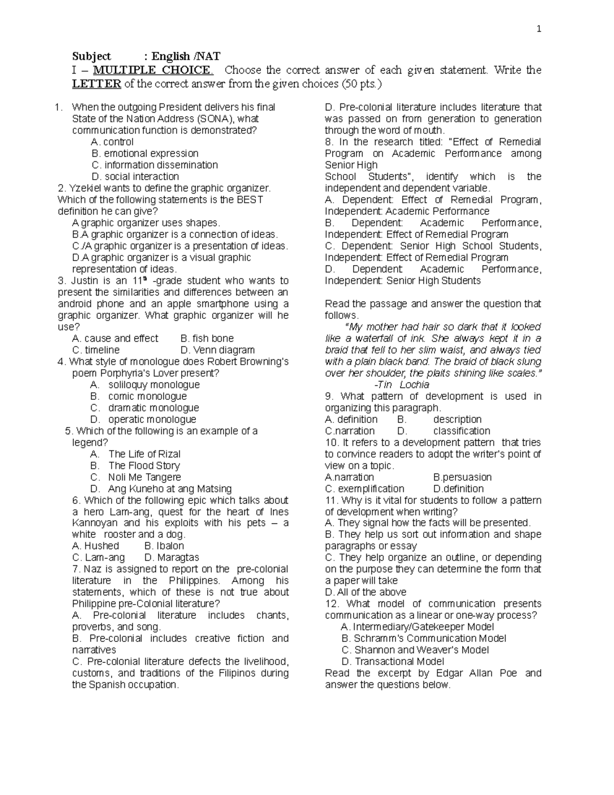 English NAT Review 2023 - Subject : English /NAT I – MULTIPLE CHOICE ...
