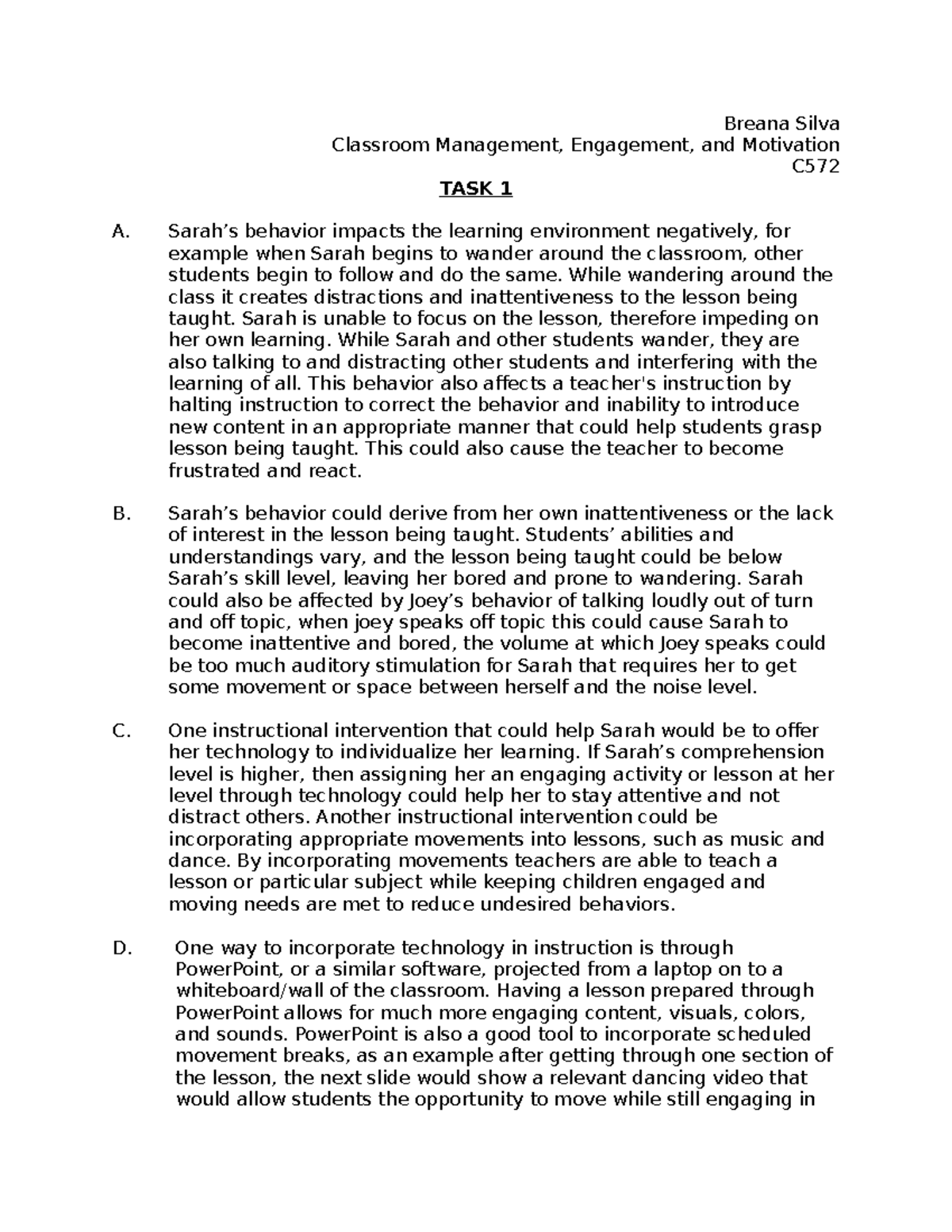 Task 1 - task 1 - Breana Silva Classroom Management, Engagement, and ...