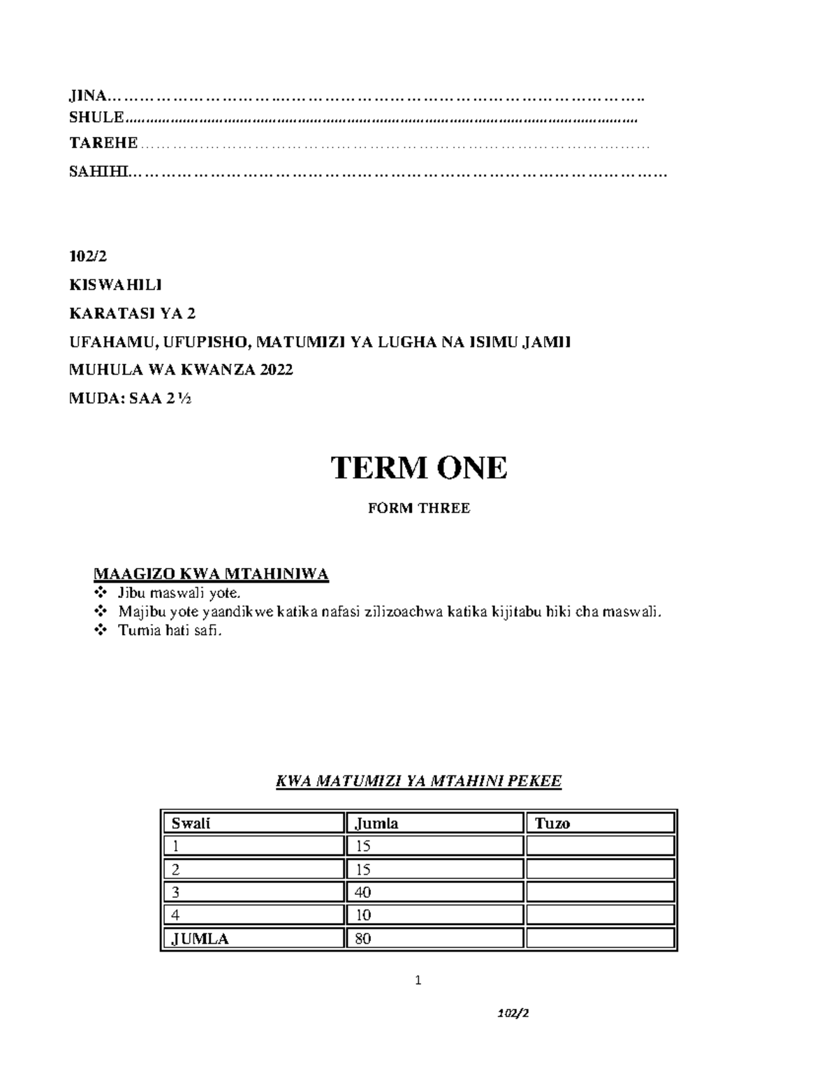 Kiswahili P2 FORM 3 2022 END TERM 1 TEAC - 1 - Studocu