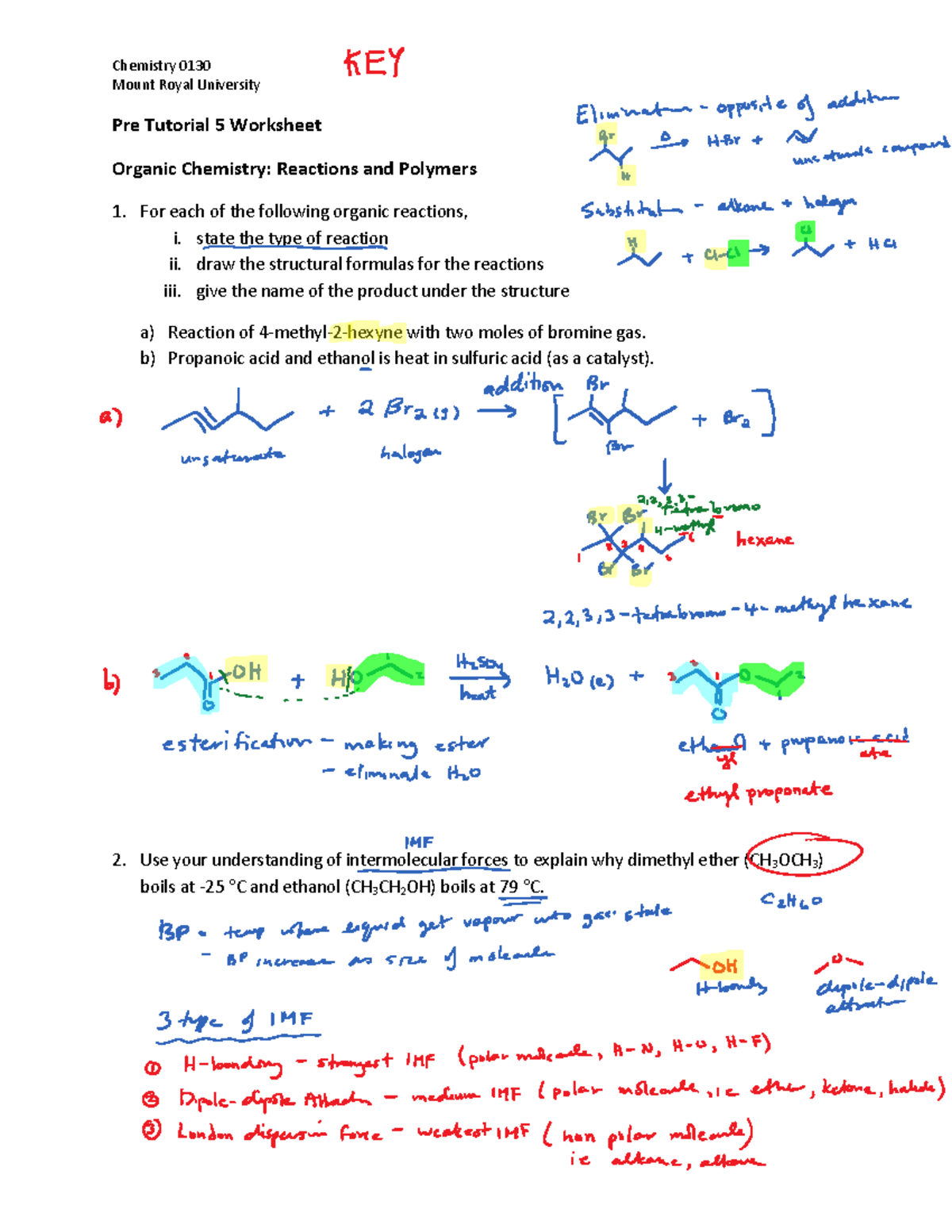 Pre-Tutorial 5 Worksheet Key - Chemistry 0130 Mount Royal University ...