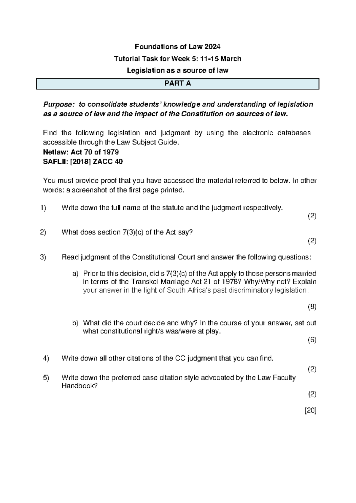 Legislation AS A Source OF LAW TUT - Foundations of Law 2024 Tutorial ...