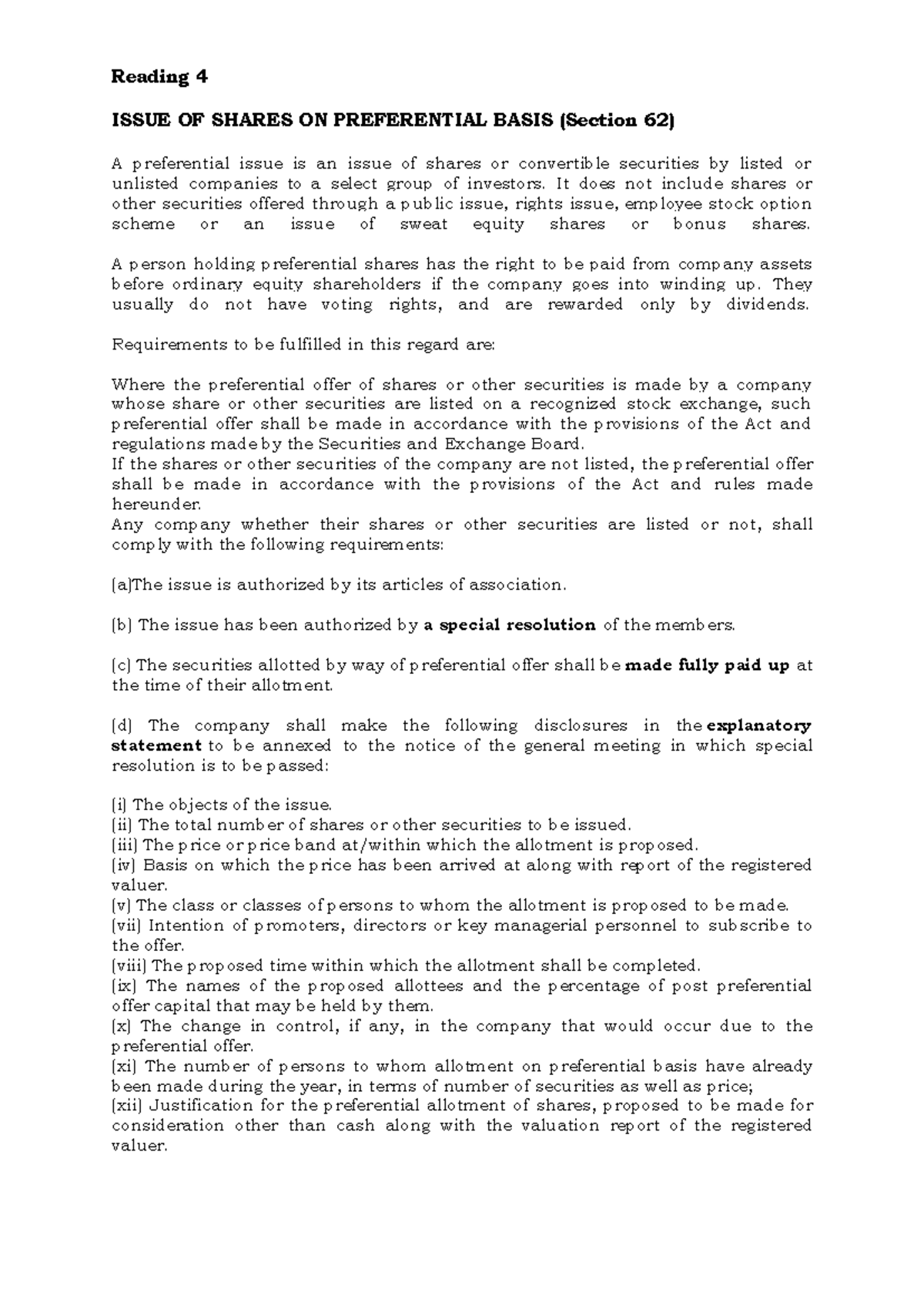 Reading 4 - Preferential Issue of Shares - Reading 4 ISSUE OF SHARES ON ...