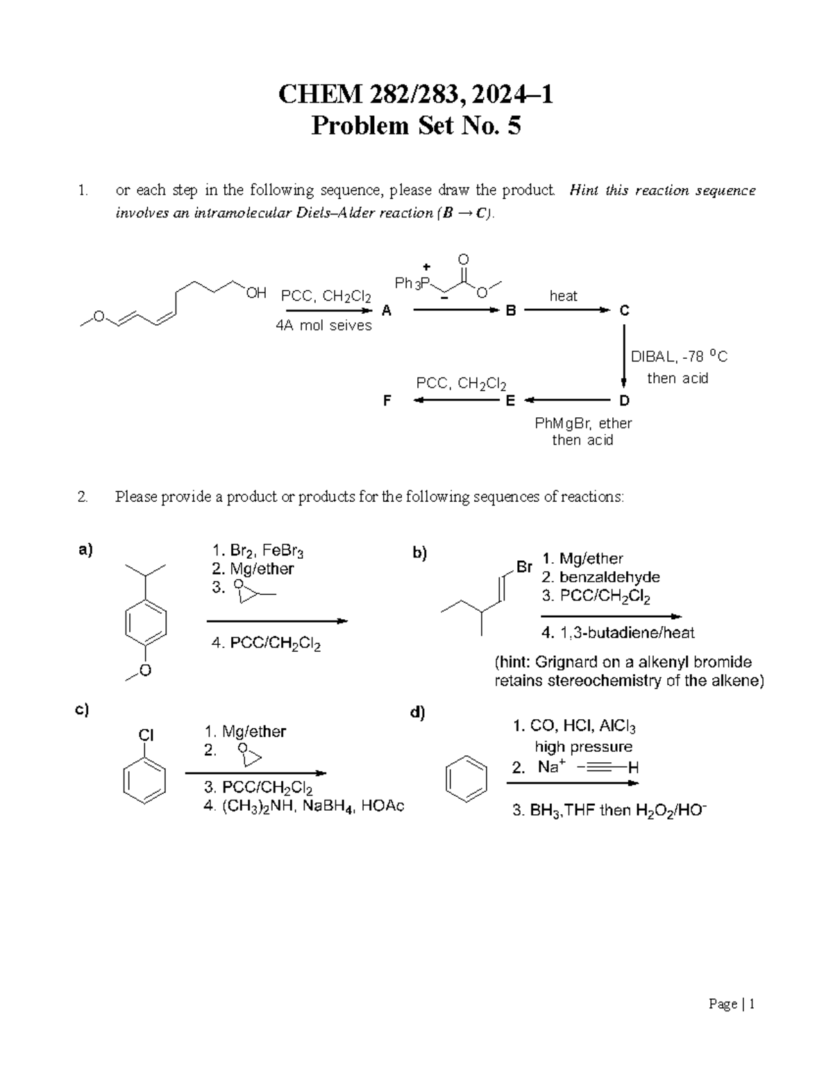 Problem Set 5 - Page | 1 CHEM 282/283, 2024– Problem Set No. 5 1. or ...