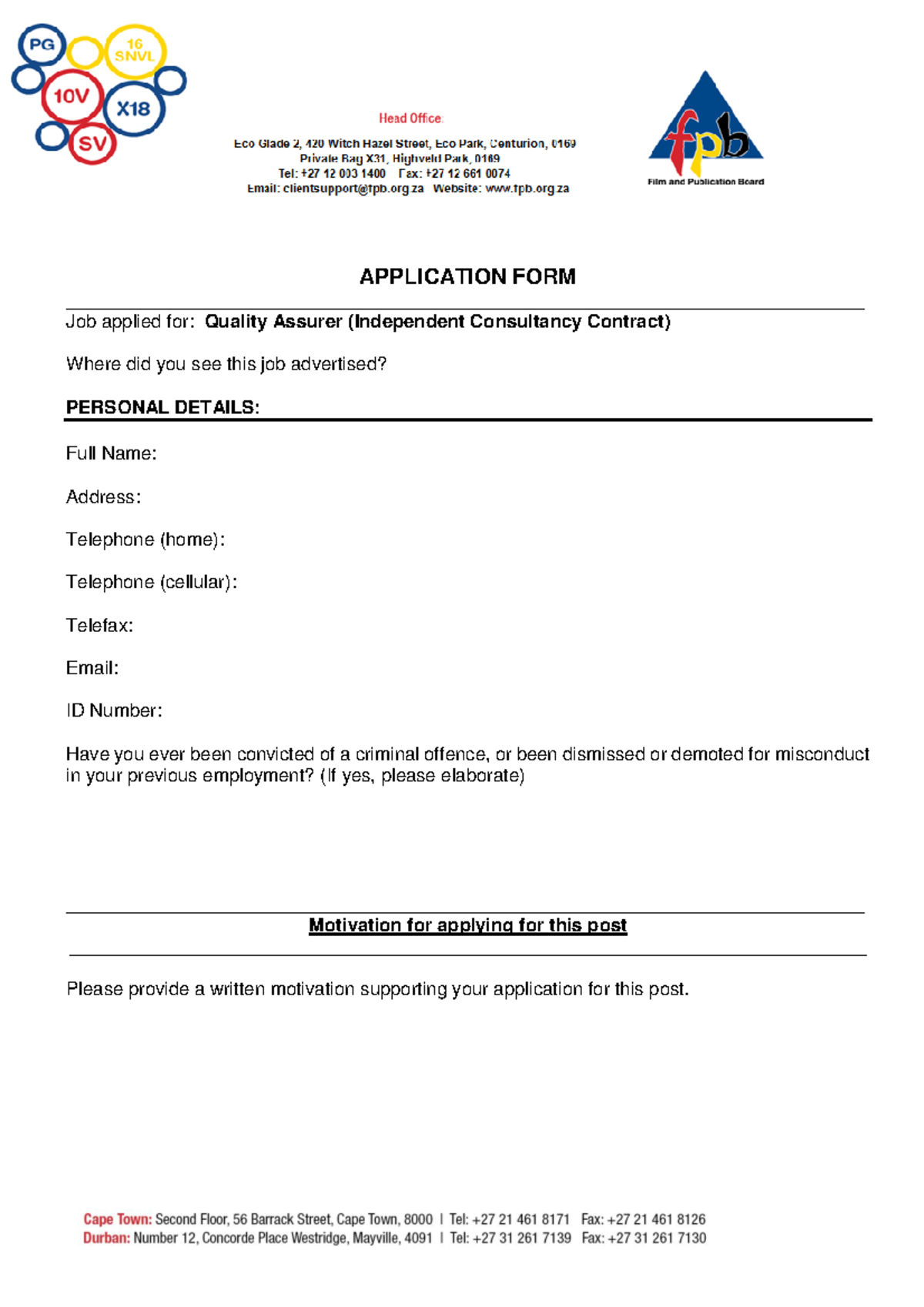 Application Form Gaming Quality Assurer - APPLICATION FORM - Studocu