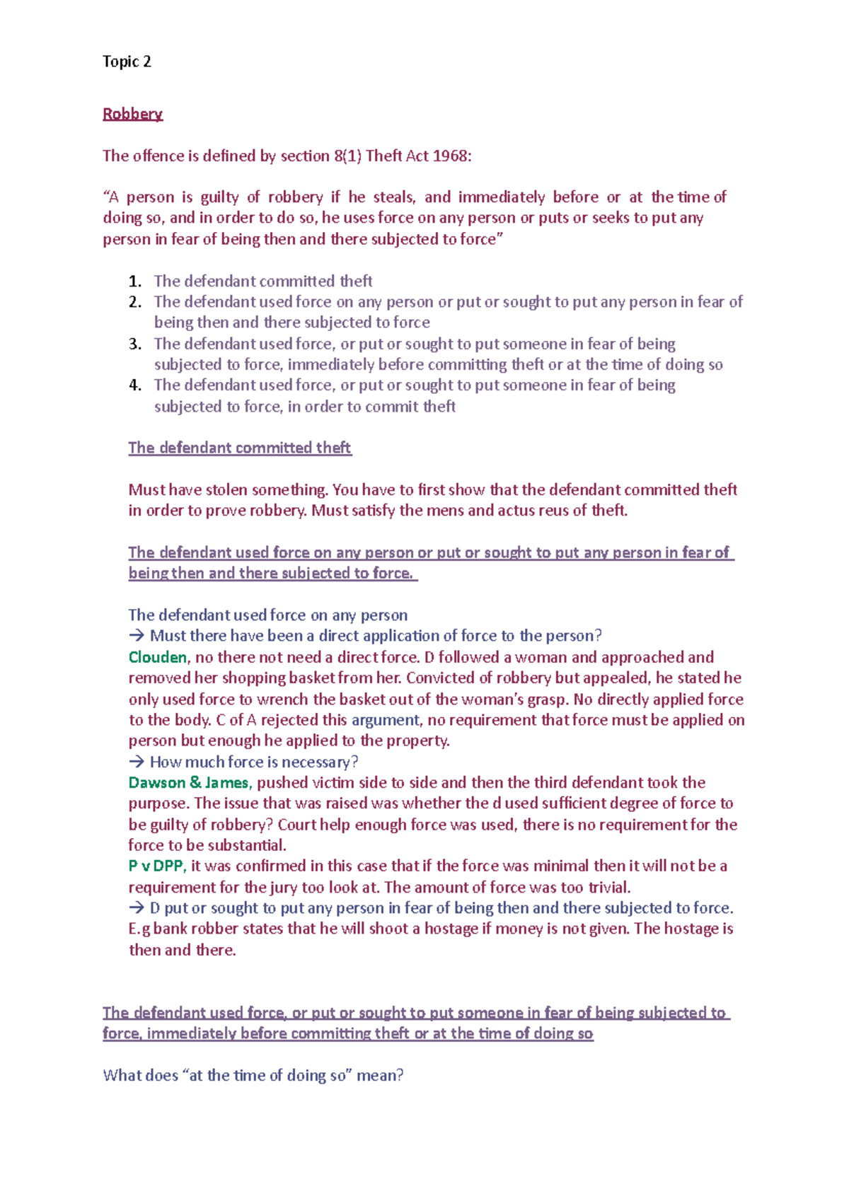 Robbery - Definition - Topic 2 Robbery The offence is defined by ...