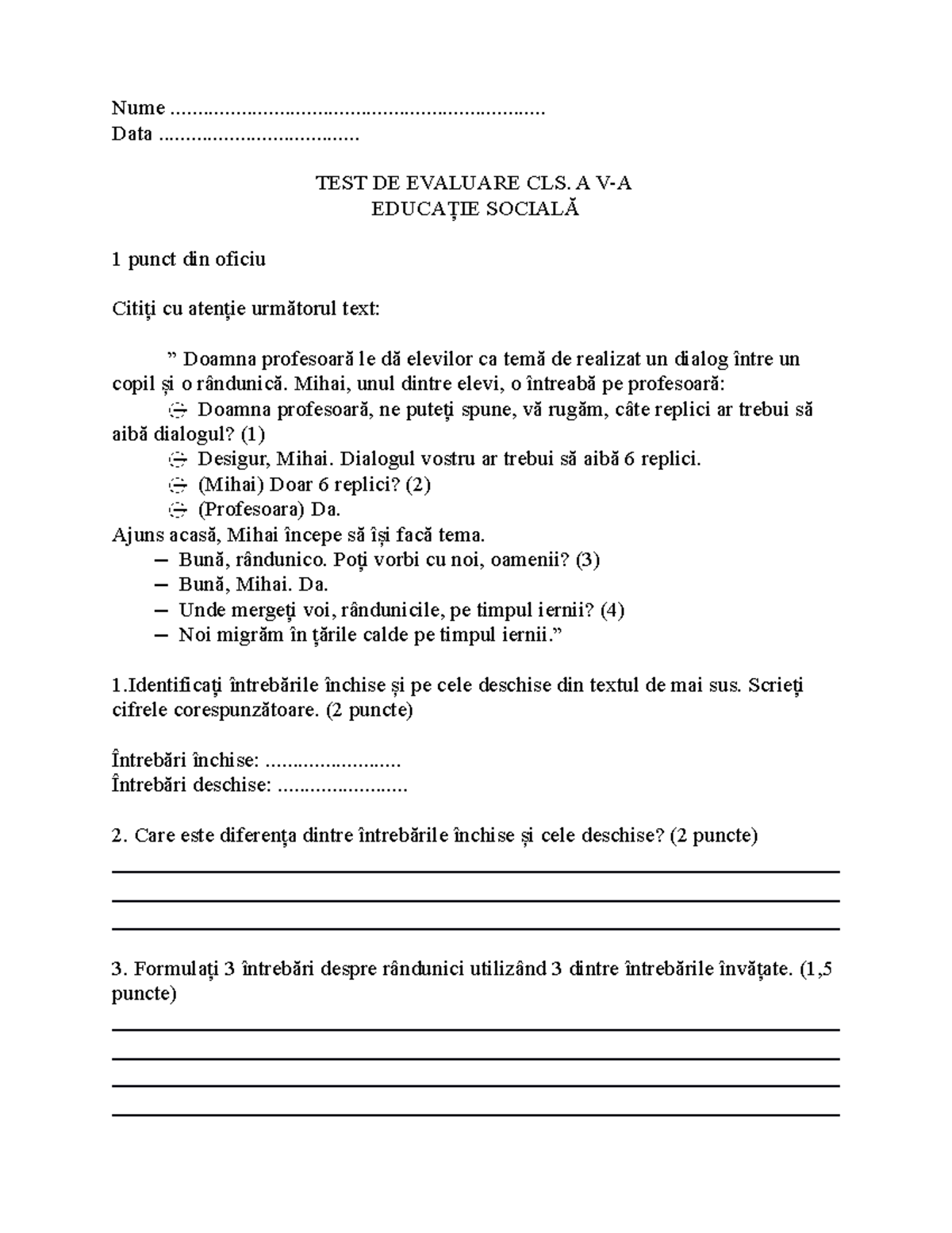 Test cls 5 Formularea intrebarilor - Nume - Studocu
