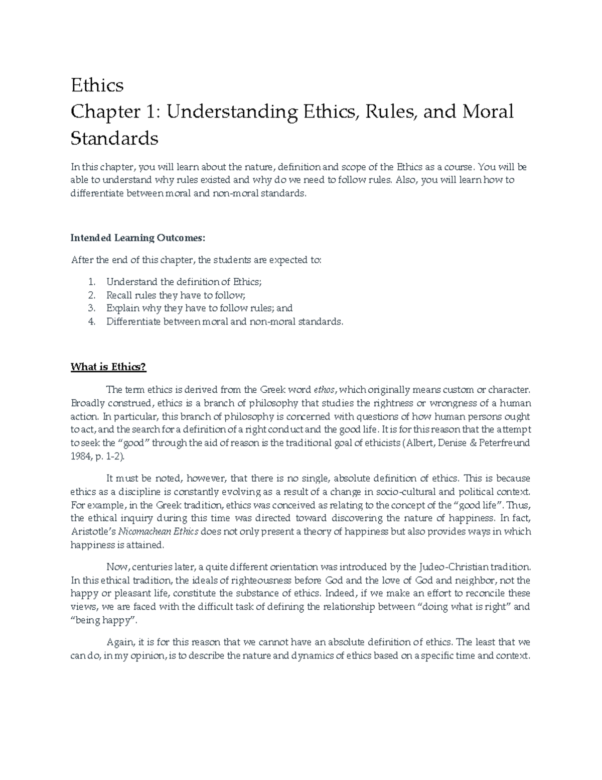 Ethics Chapter Key Concepts - Ethics Chapter 1: Understanding Ethics, Rules, and Moral Standards ...