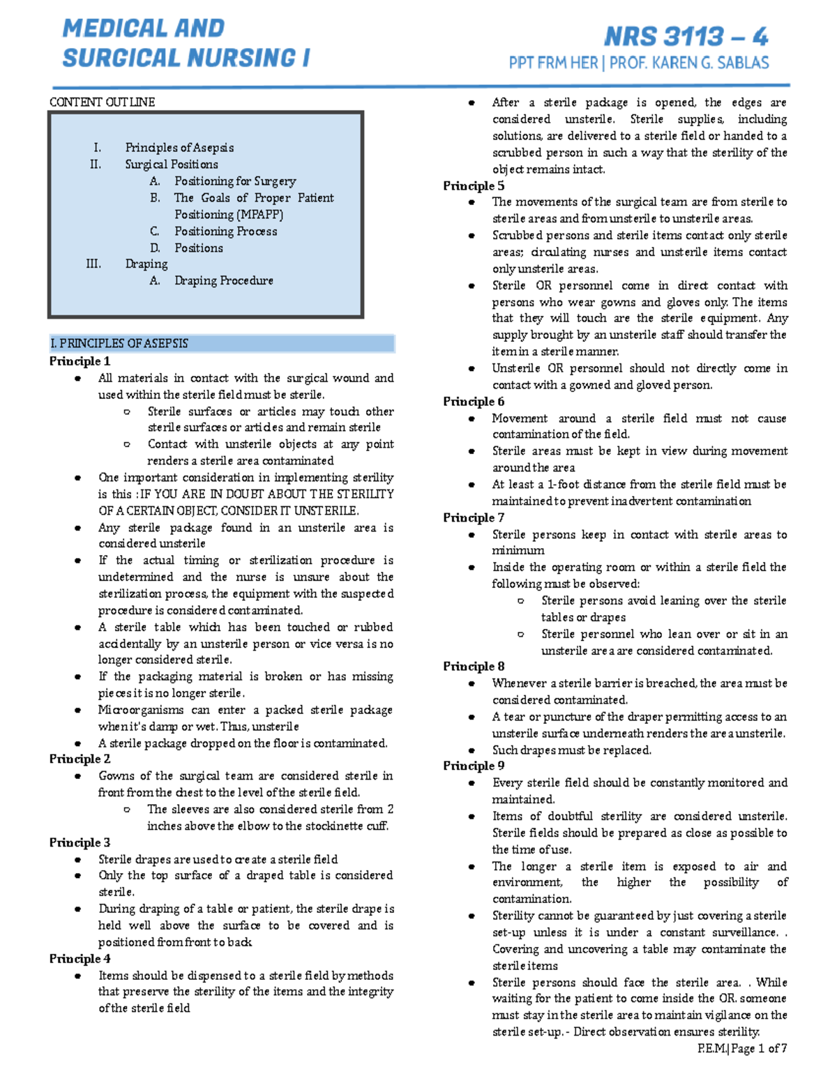 MSN Principles of Asepsis - CONTENT OUTLINE I. Principles of Asepsis II ...